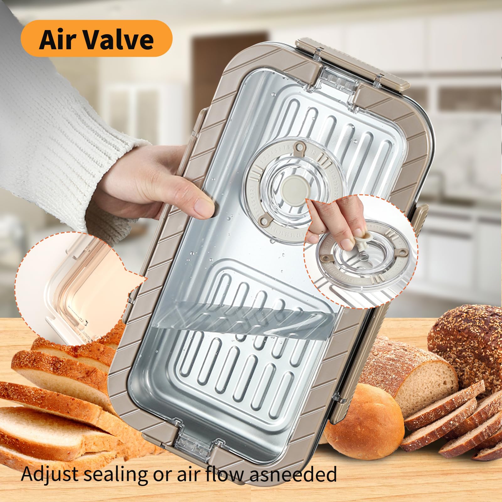 HAKELPOK Bakeable 304 Stainless Steel Bread Box for Homemade Bread, Portable Time Recording Bread Storage Container with Airtight Lid, Breadbox for Kitchen Countertop, Bun, Bagel (Brown)