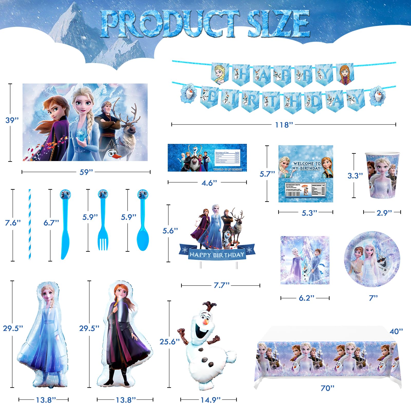 Frozen Birthday Party Supplies,191pcs Cartoon Theme Style Party Decorations Include Happy Birthday Banner,Backdrop,Plates,Tablecover,Cake Toppers