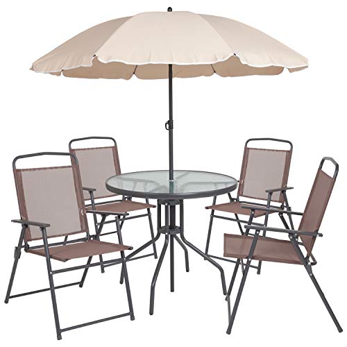 Flash Furniture Nantucket 6-Piece Patio Dining Set with Glass Table, 4 Folding Chairs, and Umbrella, Outdoor Patio Table, Chairs, and Umbrella Set, Black