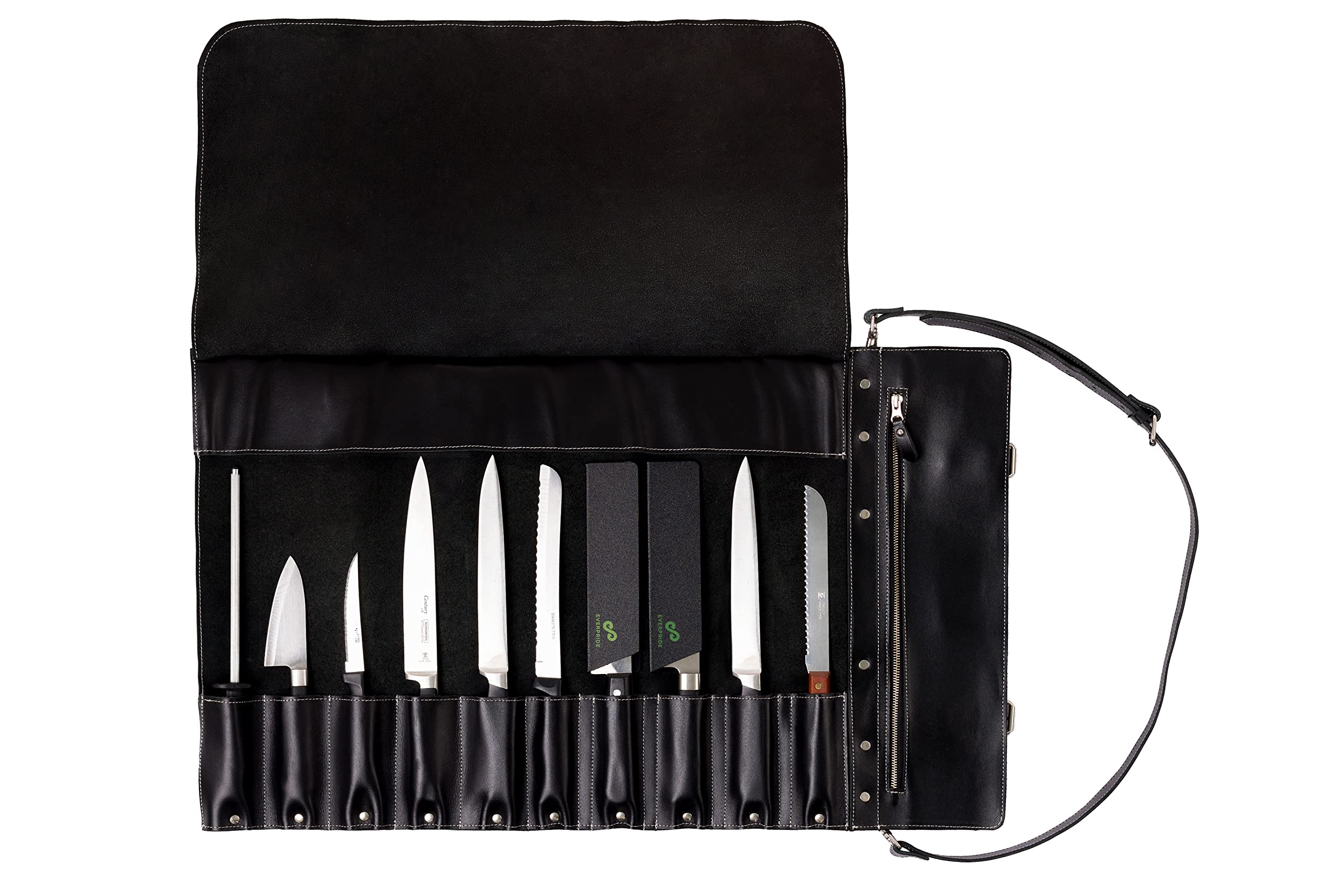 EVERPRIDE Chef Knife Roll Bag Made of Genuine Top Grain Leather β Knife Bag Holds 10 Knives up to 18β PLUS Zippered Compartment for Cooking Accessories β Knives Not Included