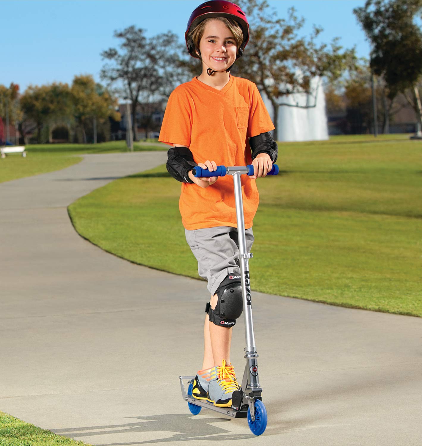Razor A3 Kick Scooter for Kids Ages 5+ - Foldable, Lightweight, Large Wheels, Front Vibration Reducing System, Adjustable Handlebars, For Riders up to 143 lbs, Blue