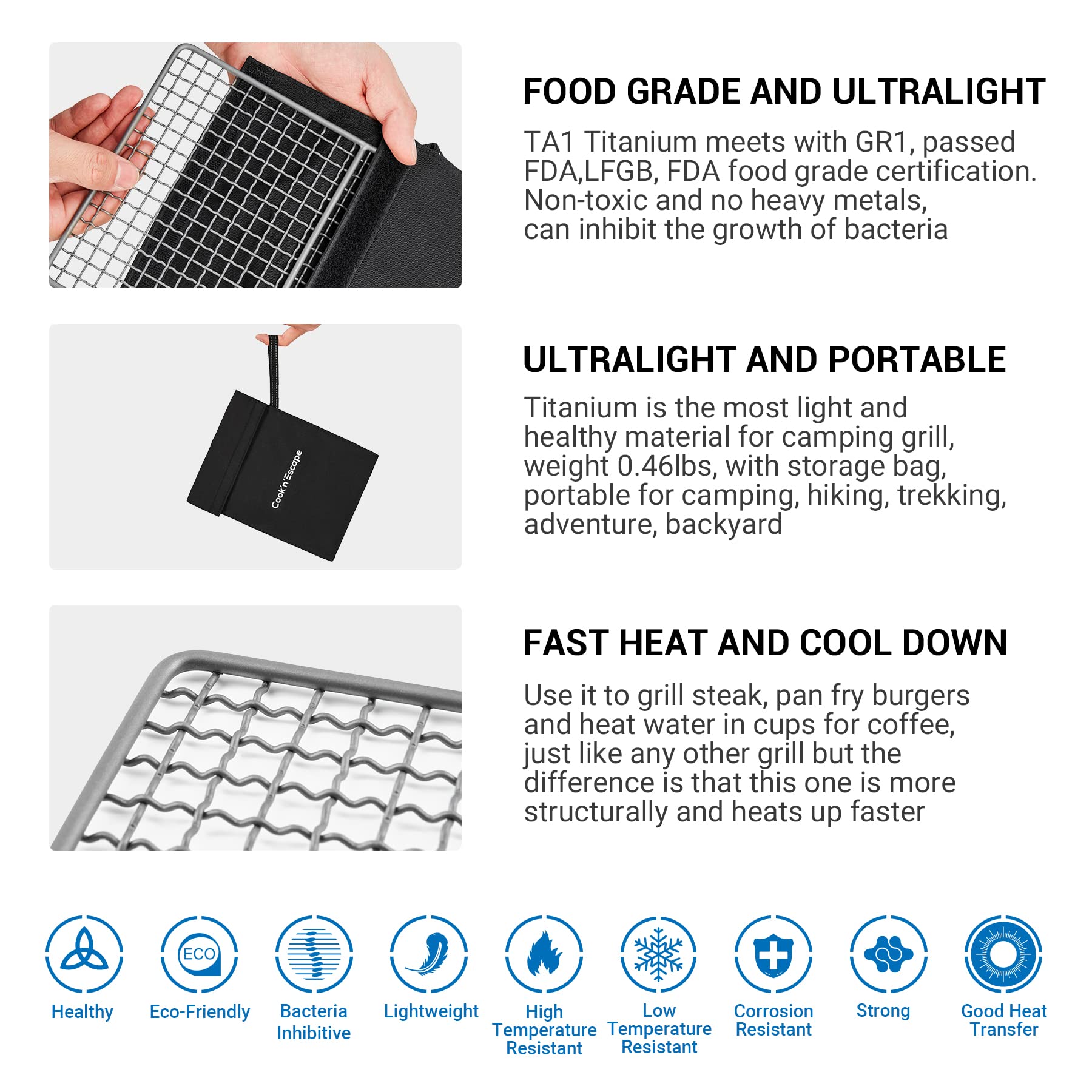 COOK'N'ESCAPE Bushcraft Grill Titanium Mesh Camping Grill Ultralight Compact Grill Backpacker's Grill Grate for Backpacking, Camping, BBQ and Survival, 1Pack