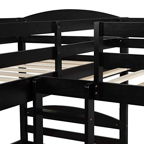 Harper & Bright Designs Quad Bunk Bed with Trundle, L Shaped Bunk Bed for 4 Kids, Wooden Twin Bunk Bed Frame for Kids Teens Adults - Espresso