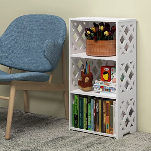 Rerii Bookcase, 4 Tier Kids Small Bookshelf 3 Shelf, Book Organizer Storage Open Shelf Rack, Display Shelves for Bedroom Living Room Bathroom Office, White
