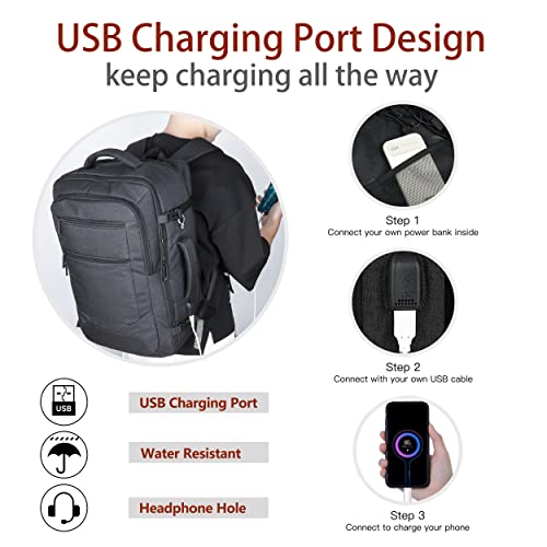 LCKPENG Carry On Backpack, Extra Large Travel Backpack for Men Women, 40L Expandable Backpacks Airline Approved, Business Traveling Backpack for Flight, Suitcase Luggage Backpack with USB Port, Black