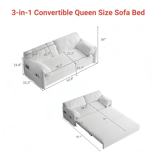 ERYE Oversized 3 in 1 Loveseat Sleeper Sofa Bed,Queen Size Love Seats W/Pull Out Couch and Padded Armrests Convertible Spacious Sofabed with Side Storage Pocket for Home Office Apartment Living Room