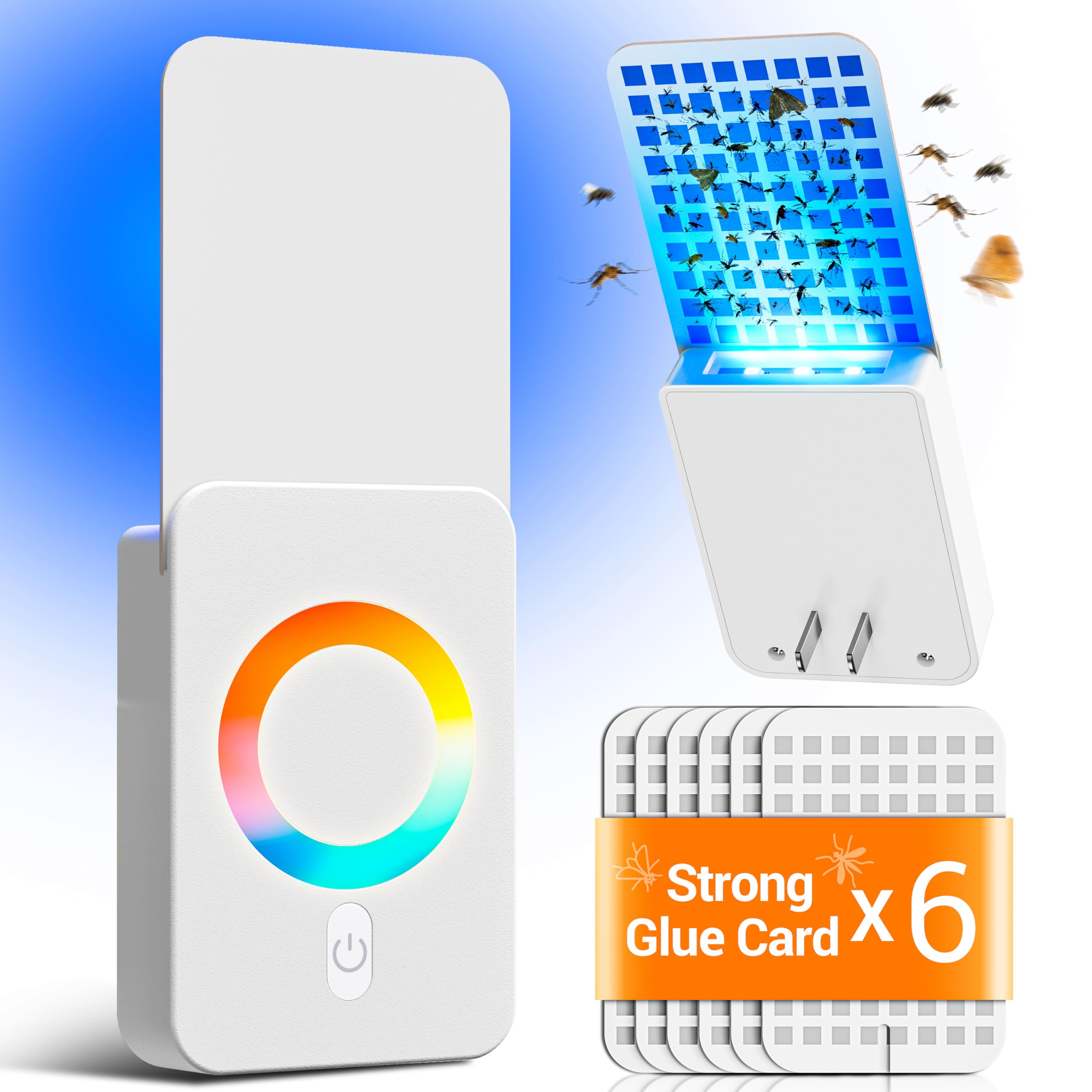 Fruit Fly Traps for Indoors, 3 in 1 Plug-in Fly Trap Indoor Flying Insect Trap Gnat Traps for House Indoor with Bug-Appealing Light, Warm & RGB Night Light for Home Kitchen, 1 Trap+6 Glue Cards