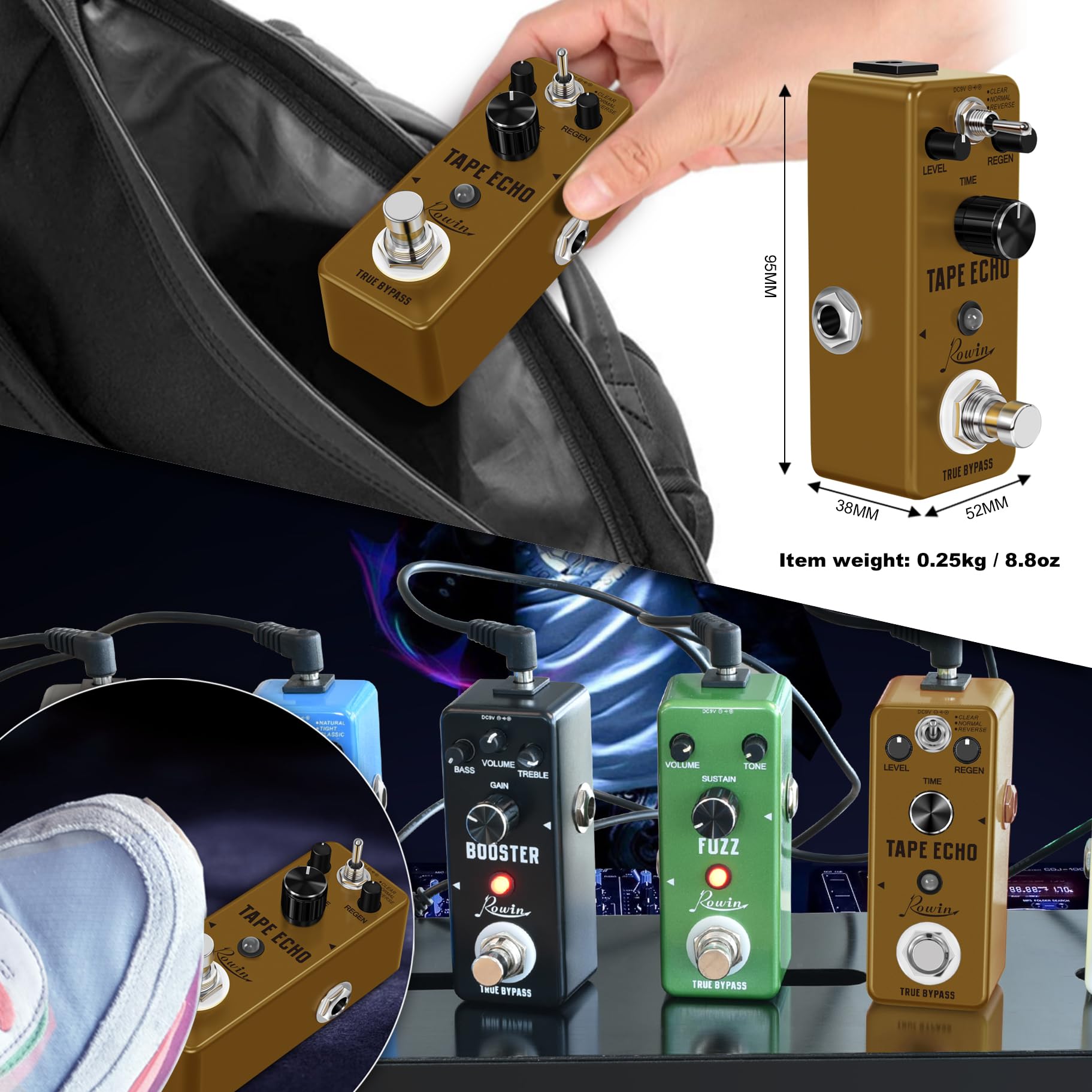 Rowin Tape Echo Delay Digital Guitar Effect Pedal with Storage of Timbre Sound Pedal True Bypass Mini Size Full Metal Shell LEF-3809