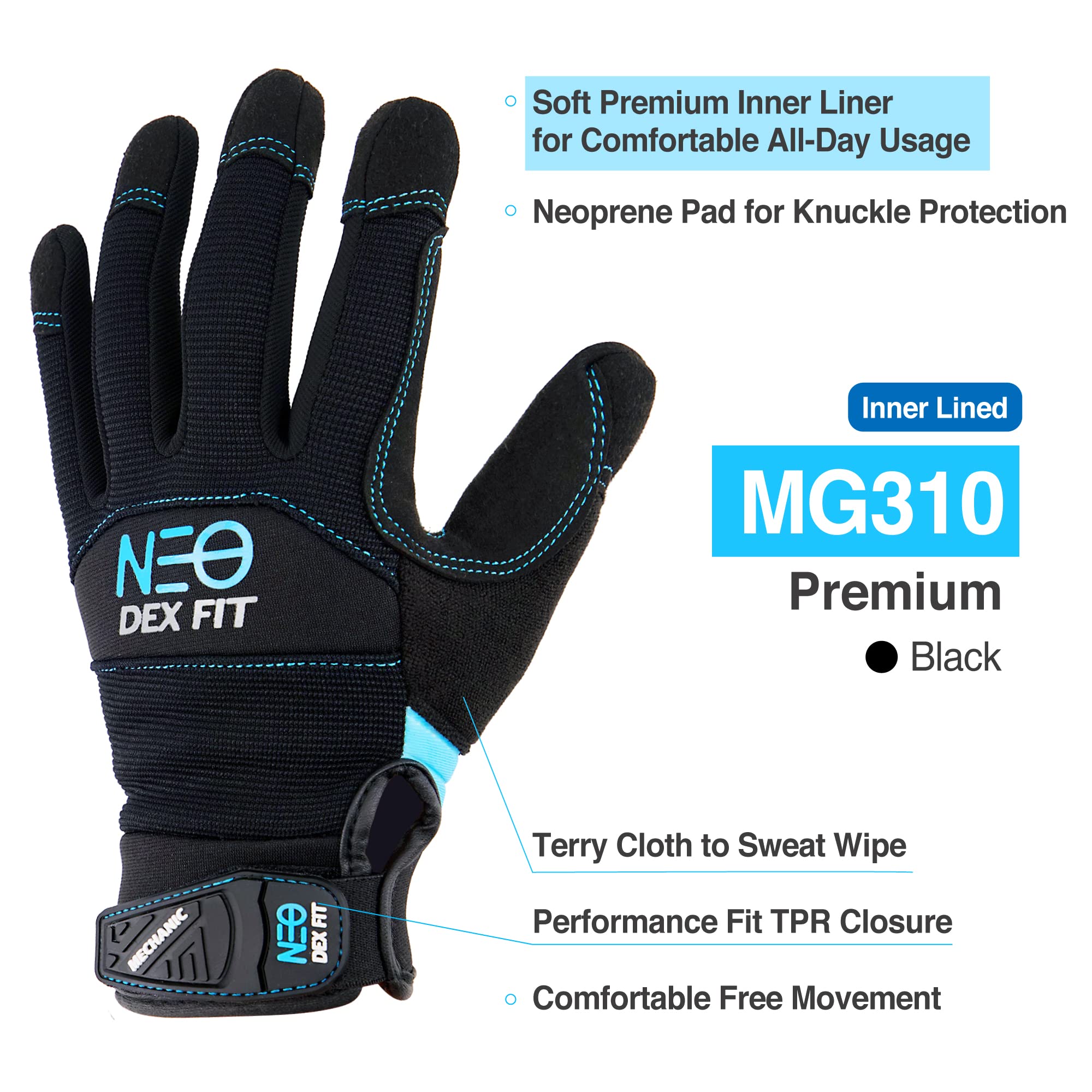 DEX FIT MG310 Mechanic Fingerless Gloves, Durable Reinforcements, Firm Grip, Comfort Fit, Touchscreen Compatible, Thin and Breathable, Washable, Black M (8) 1 Pair