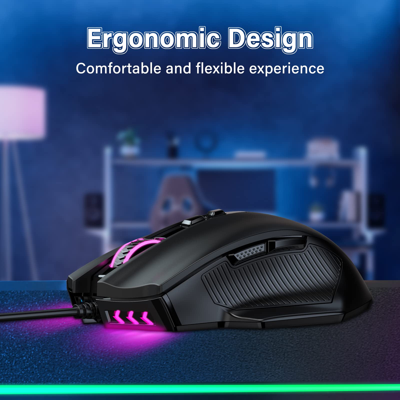 GF GOFREETECH Wired Gaming Mouse with Side Buttons, 7 Programmable Buttons, 5 Adjustable DPI, RGB LED Backlit USB Ergonomic Mouse for PC Laptop, Black