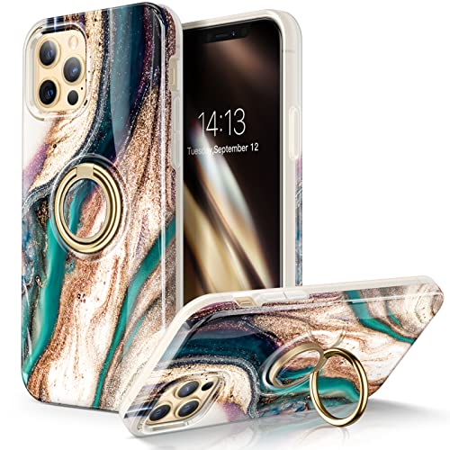 GVIEWIN for iPhone 12 Pro Max Case 6.7 Inch, Built-in 360° Rotate Ring Stand, Stylish Durable Marble Pattern Shockproof Kickstand Phone Holder Protective Case Cover (Drift Sand/Brown)