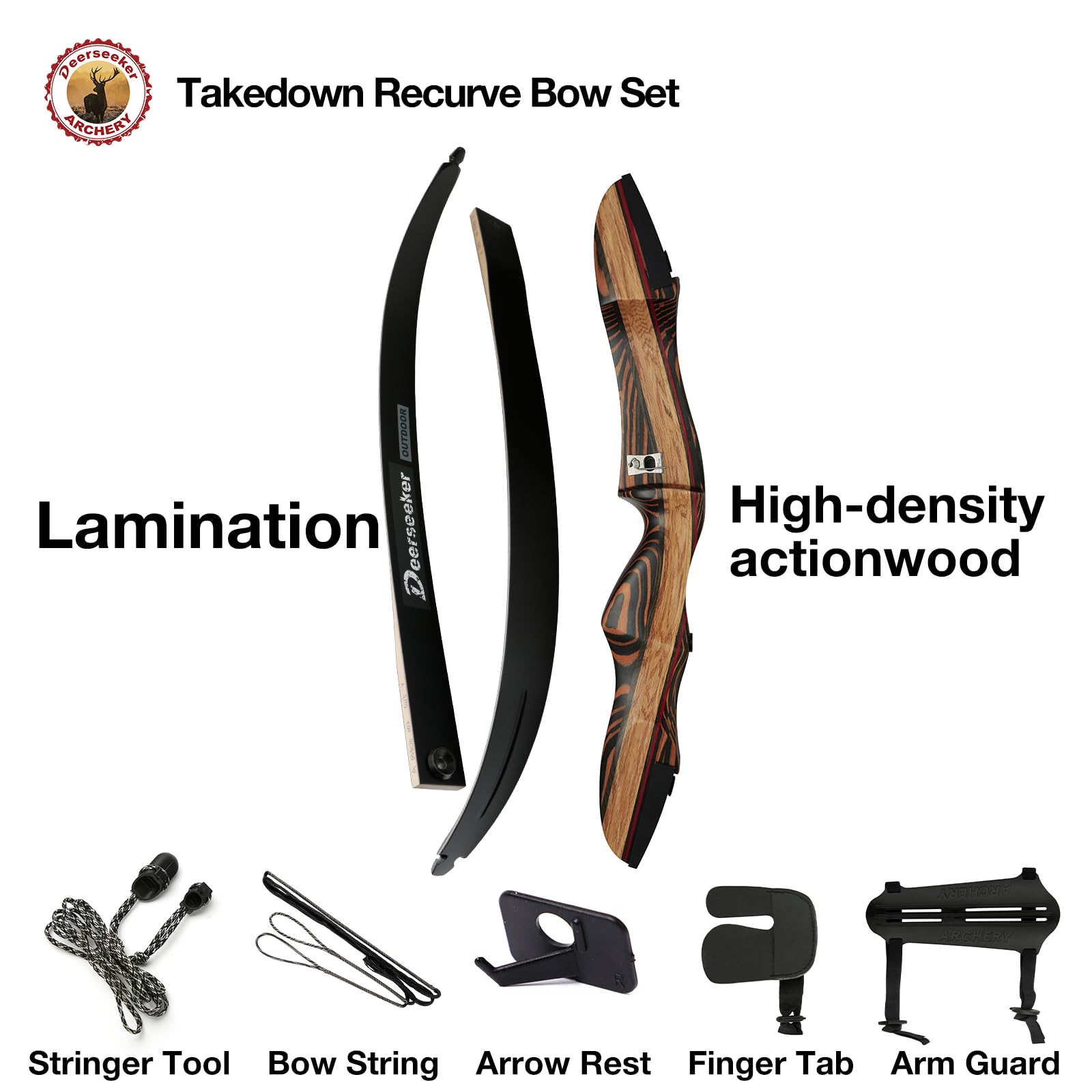 Deerseeker Archery 62" Takedown Recurve Bow Set for Adults & Youth with Right Hand & Left Handed Laminated Wooden Riser Bow Hunting Target Shooting 20-60lbs(RH 50lb)