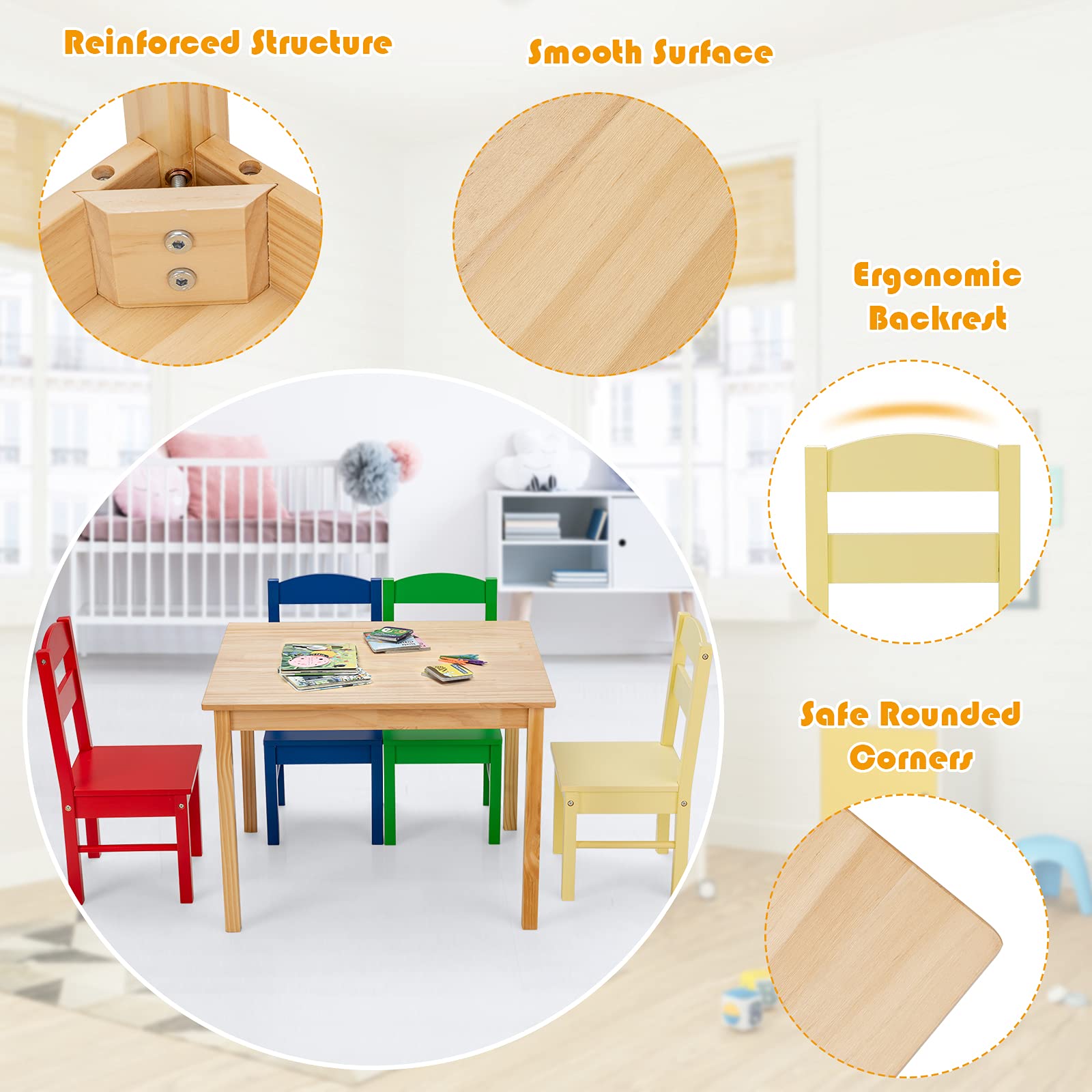 KOTEK Kids Wood Table and 4 Chair Set, Children Multi Activity Table for Learning, Playing, Drawing, Toddler Picnic Table and Chairs Set for Home, Classroom and Daycare (Assorted)
