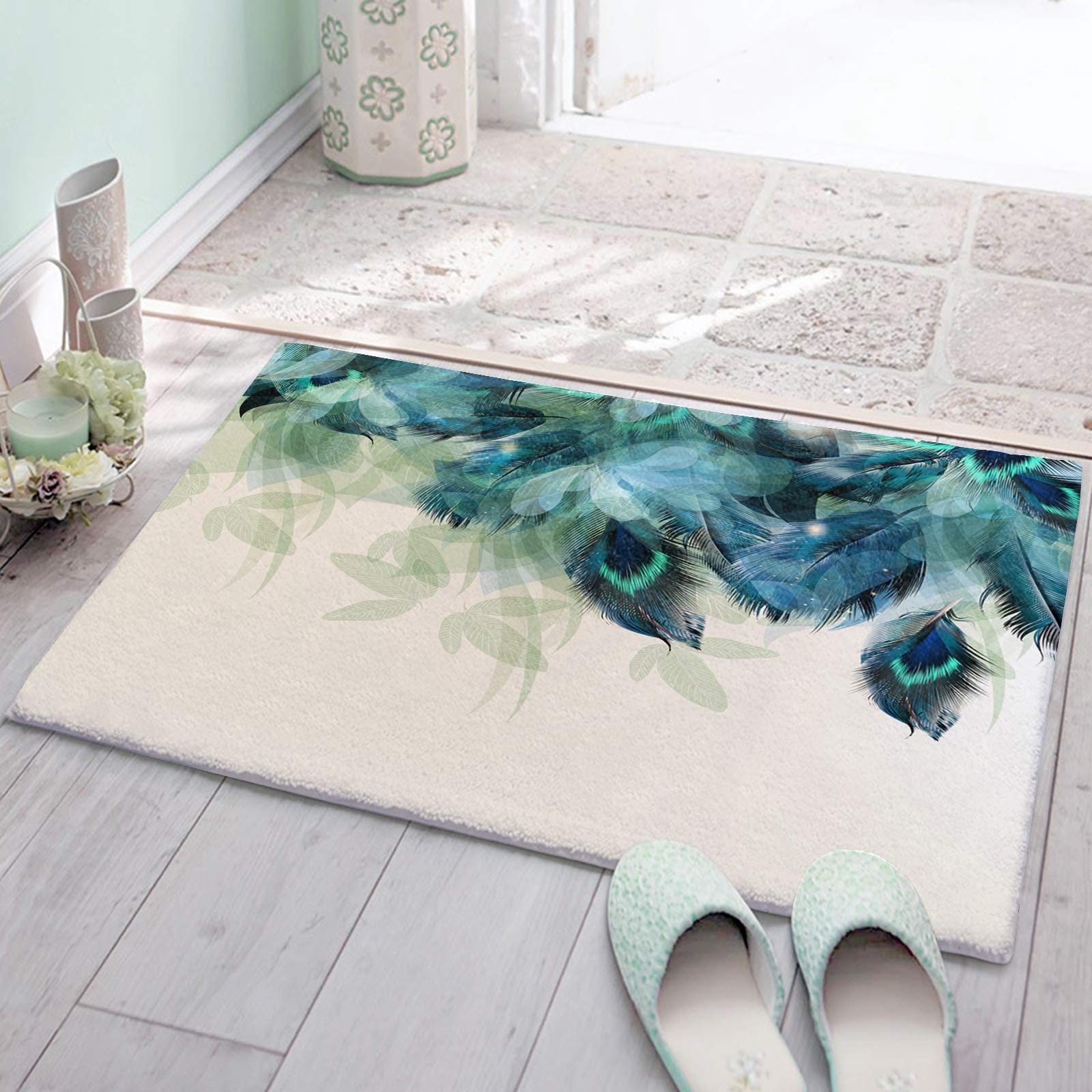 Door mat Soft Doormat Teal Turquoise Peacock Feather,Non Slip Bath Rug Absorbent Mat Rustic Art Printed Floral Shadow,Washable Door Mats Microfiber Runner Carpet for Kitchen,Bathroom,Laundry 18x30in