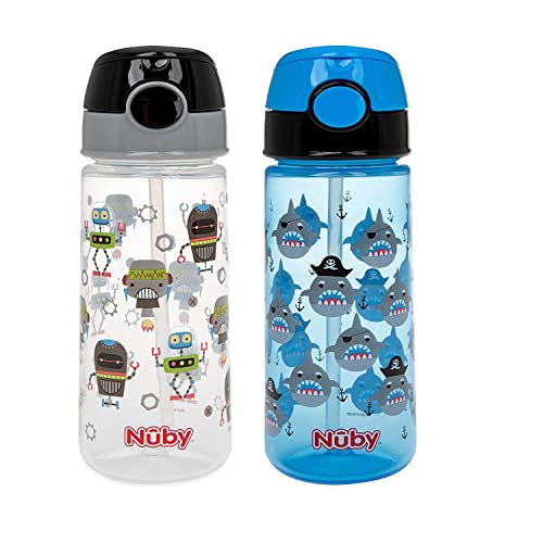 Nuby 2-Pack Kidâs Printed Flip-it Active Water Bottle with Push Button Cap and Soft Straw - 18oz / 540ml, 18+ Months, 2-Pack, Sharks/Robots