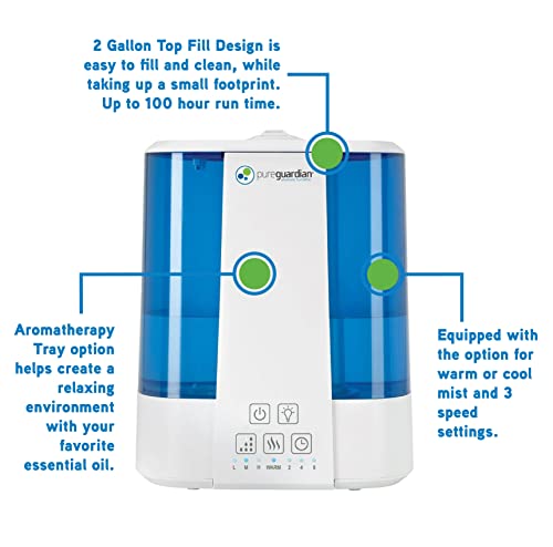 PureGuardian H5225WCA Ultrasonic Warm & Cool Mist Humidifier, 100 Hrs. Run Time, 2 Gal. Tank, 560 Sq. Ft. Coverage, Quiet, Filter Free, Silver Clean Treated Tank, Essential Oil Tray, White/Blue