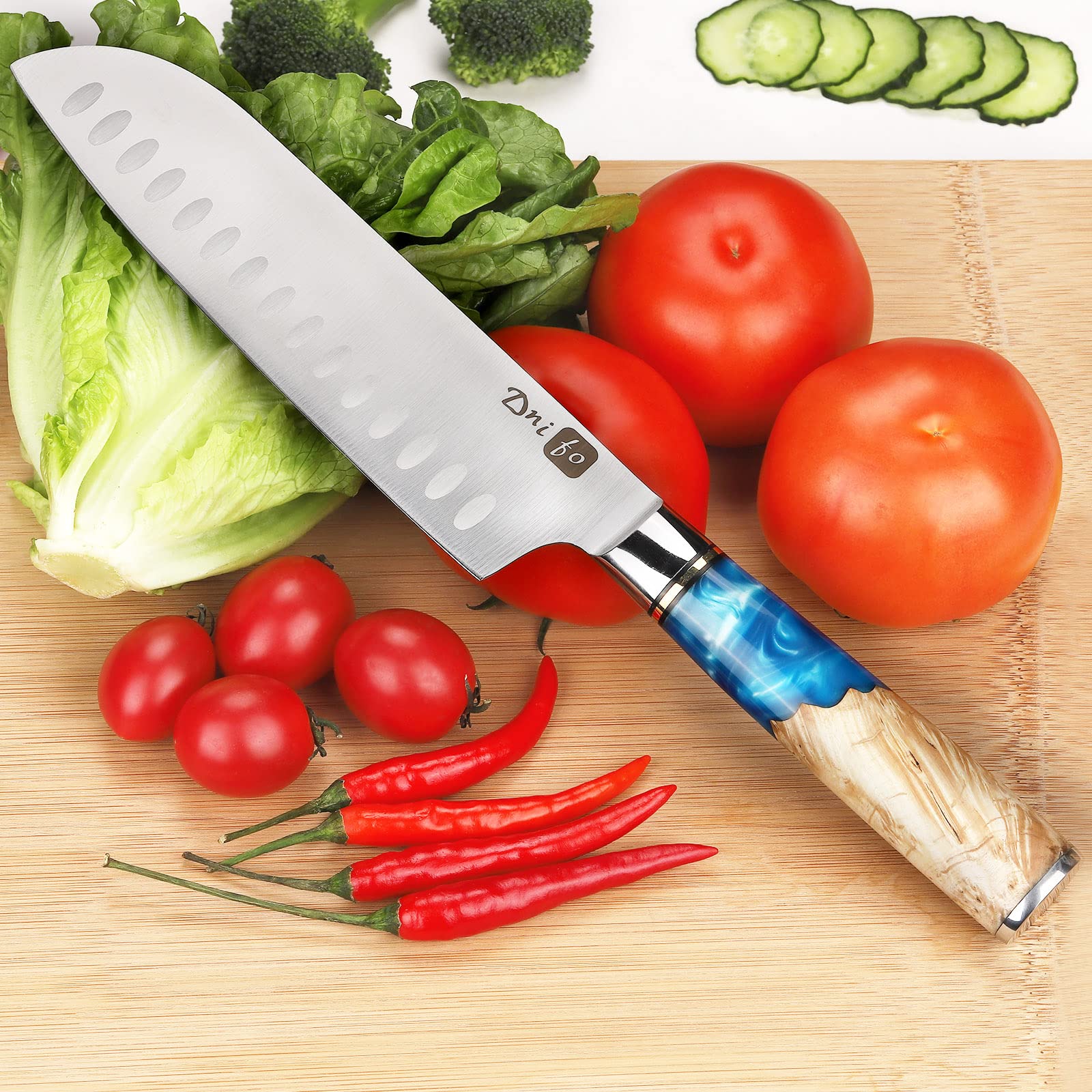 Dnifo Santoku Knife 7-Inch Japanese Style Chef Knife, Multifunctional Ultra Sharp High Carbon Stainless Steel Kitchen Chopping Knife, Ergonomic Logs & Resin Handle