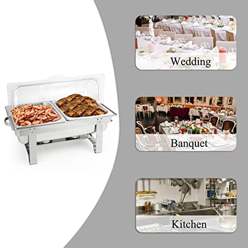 Restlrious Chafing Dish Buffet Set with Roll Top Plastic Cover, Stainless Steel 8 QT Rectangular Chafers and Buffet Warmers Set w/Half Size Food Pan, Water Pan, Fuel Can for Catering Event Party
