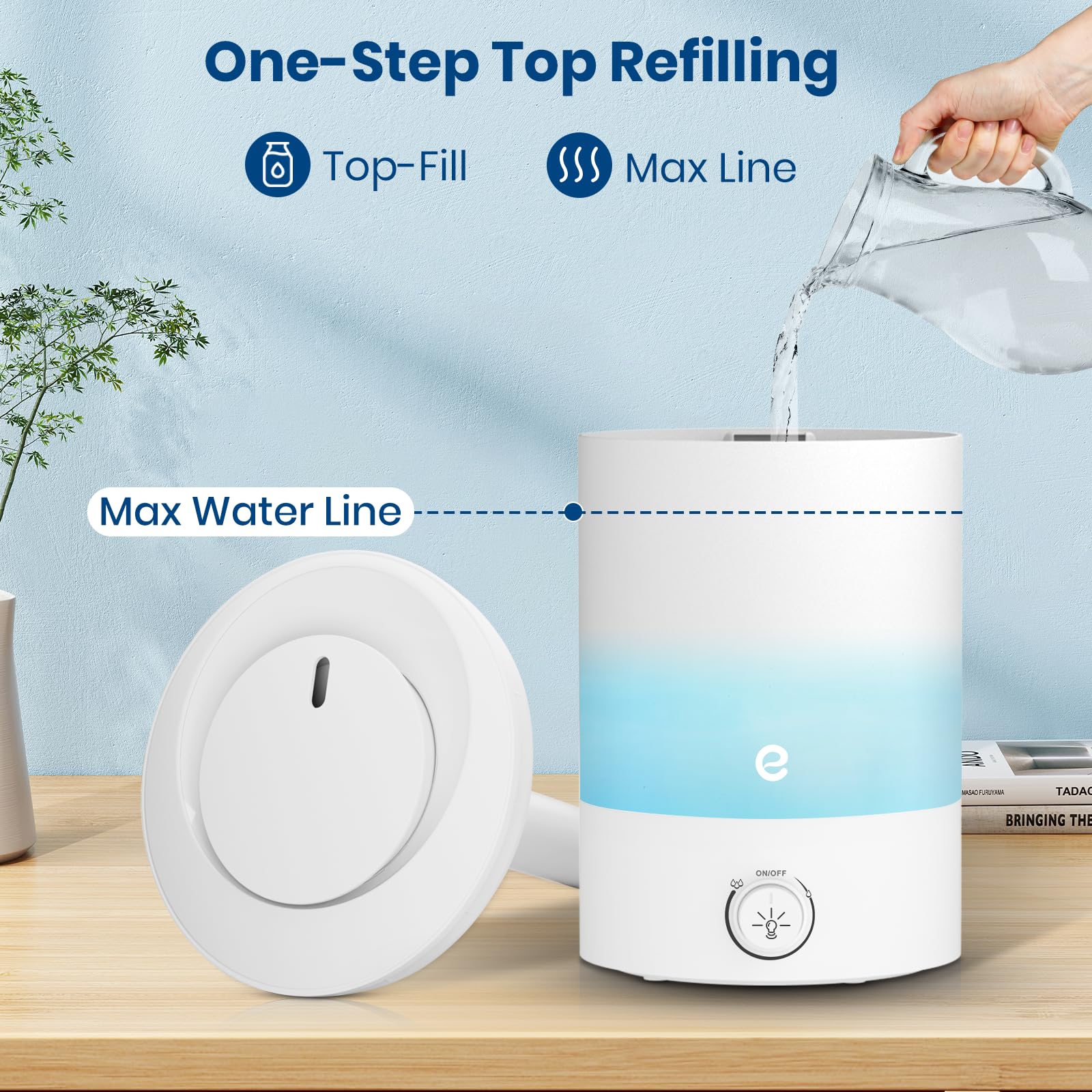 Esemoil Humidifiers for Bedroom, 2.5L Cool Mist Ultrasonic Air Humidifier with Top Fill & Quiet, 360ยฐ Nozzle, BPA Free, 25 Hour Diffuser with 8 Color Light & Auto Shut-off for Home Baby Nursery Plants