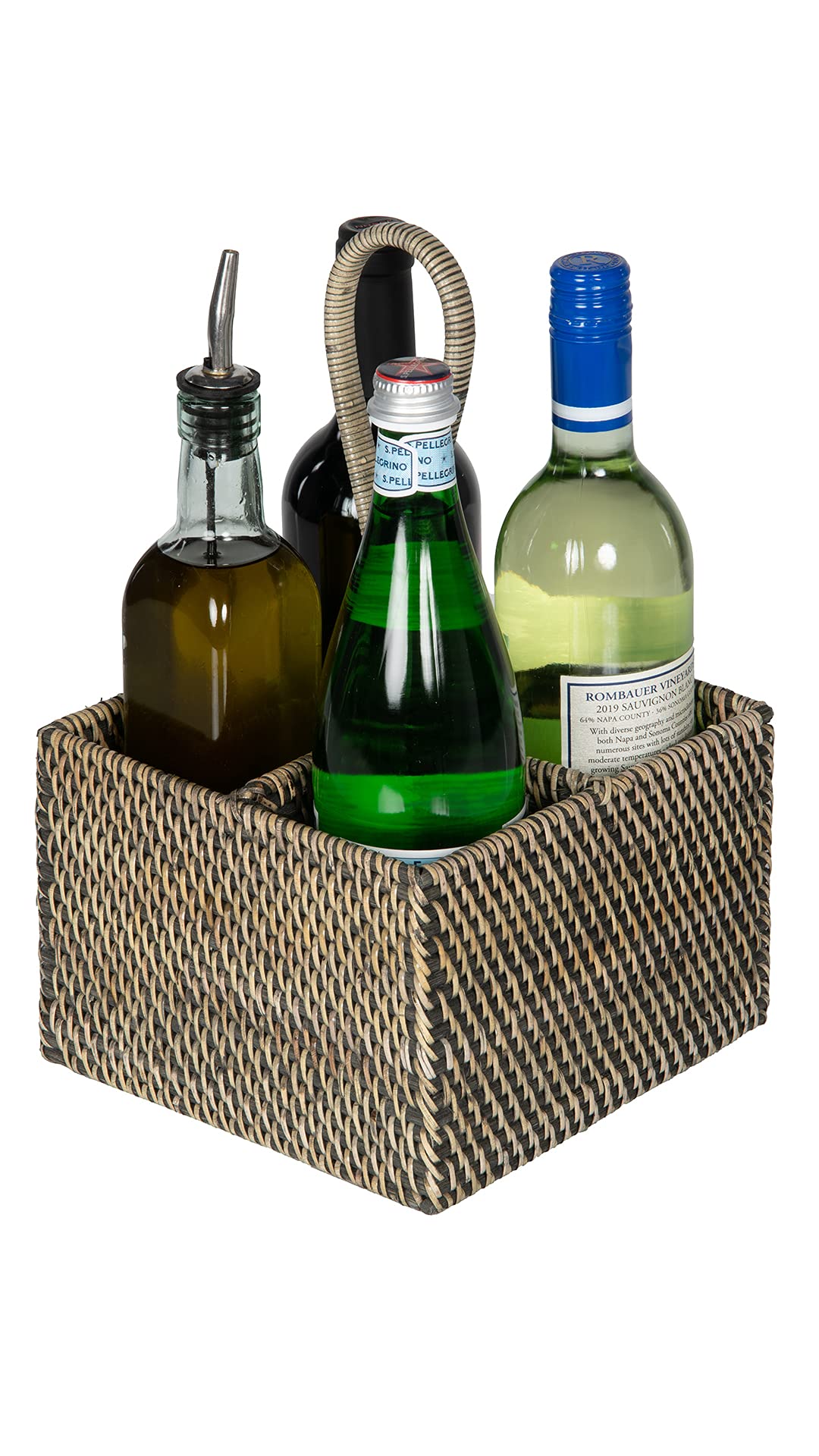 KOUBOO Laguna Rattan Bottle Caddy – Decorative Basket for Organizer Kitchen Utensils, Silverware – Boho Home Decor & Storage Solution for Dining Table, Pantry, Countertop, Black Wash