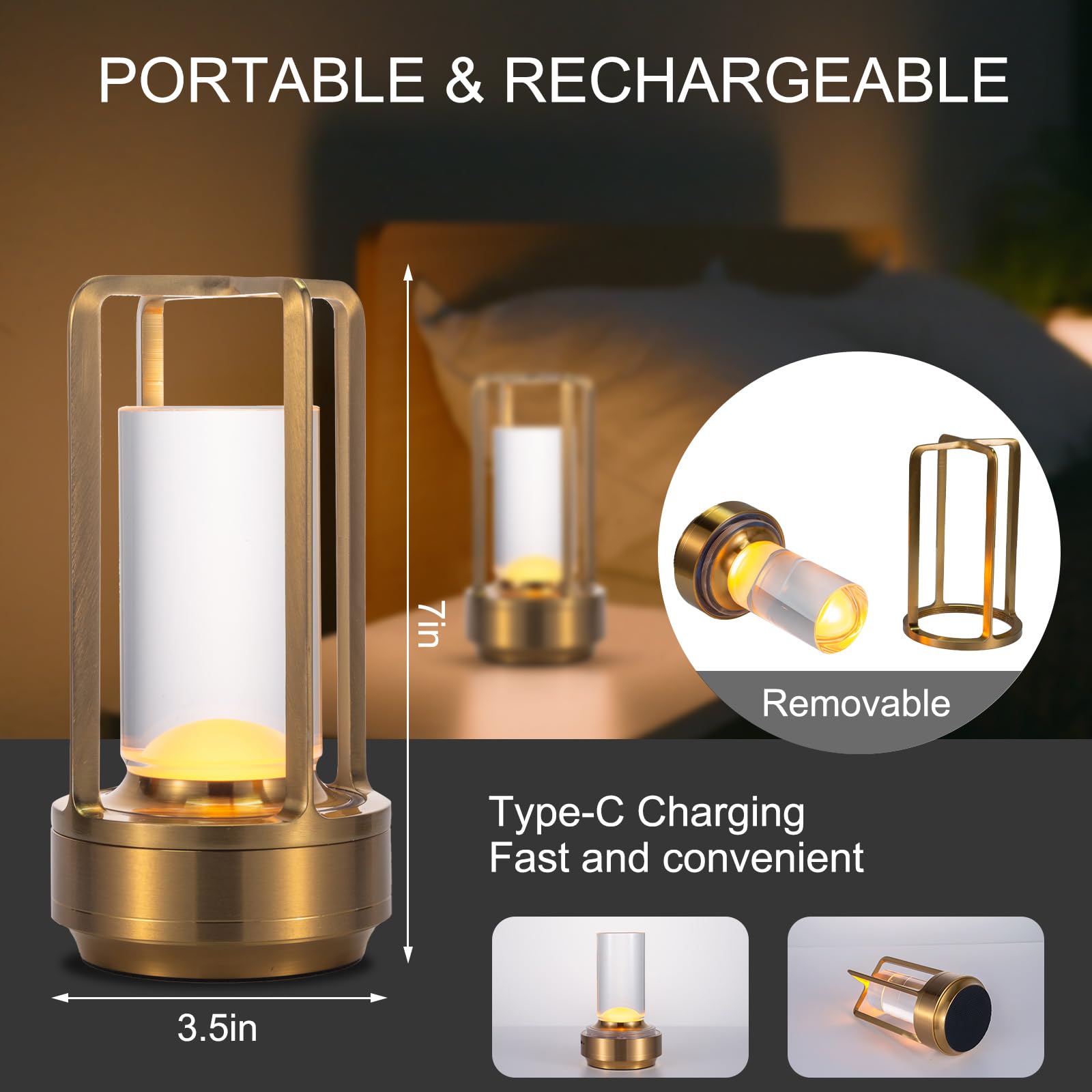 Cordless Portable LED Table Lamp, Rechargeable Battery Operated Desk Lamp with Touch Sensor (2600mAh), Three-Level Dimmable Suitable for Bars/Cafes/Restaurants/Bedrooms/Camping Sites (Gold)