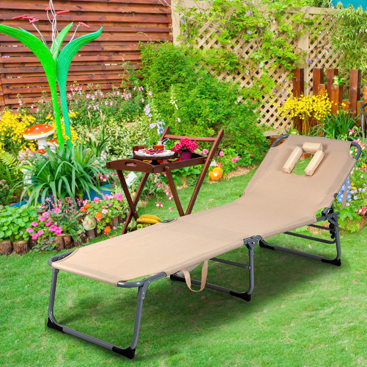 GYMAX Tanning Chair, Beach Lounge Chair with Face Hole, 5 Level Adjustable Backrest, Removable Pillow & Carry Handle, Adult Layout Sunbathing Chair for Outside Beach Poolside Lawn Patio (1, Sand)