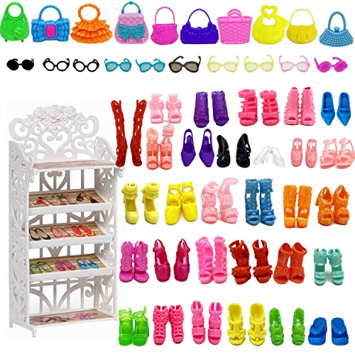 HighFun Doll Shoes Rack + 30 Pairs Doll Shoes 10 Doll Handbags 10 Doll Glasses Replacement Fashion Playset Accessories Different Assorted Colors High Heel Boots Sandals for 11.5 Inch Girl Doll