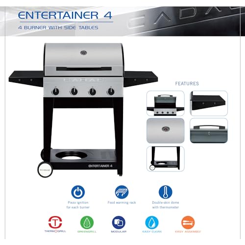 Cadac Entertainer 4 Propane Gas BBQ Grill with 4 Burners, plus Open Cart with Sides Tables and Tank Storage Shelf
