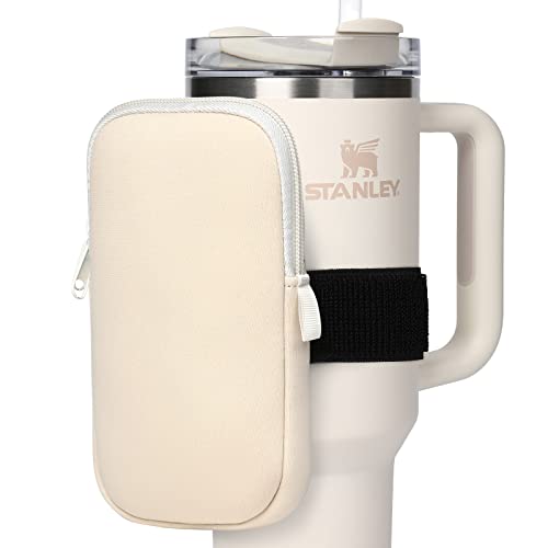 Water Bottle Pouch For Stanley, Gym Tumbler Accessories for Women, Compatible With Stanley Quencher Adventure 40oz & IceFlow 20/30oz, Workout Outdoor Tumbler Pocket for Phone, Card, Keys, Cash-Cream