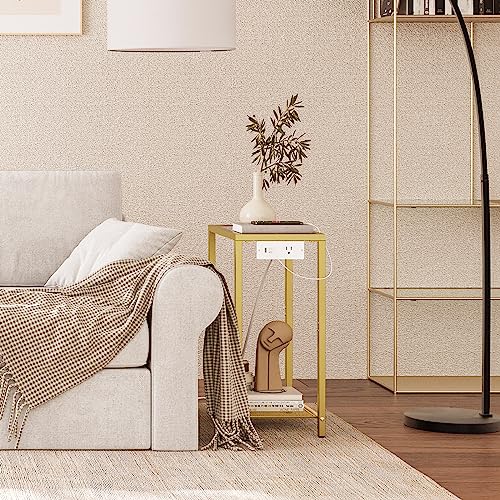HOOBRO End Table, Side Table with Charging Station, 2-Tier Nightstand with Storage Shelves, Small Space Bedside Table, Telephone Table, Modern Coffee Table, Tempered Glass, Living Room, Gold GD56UBZ01