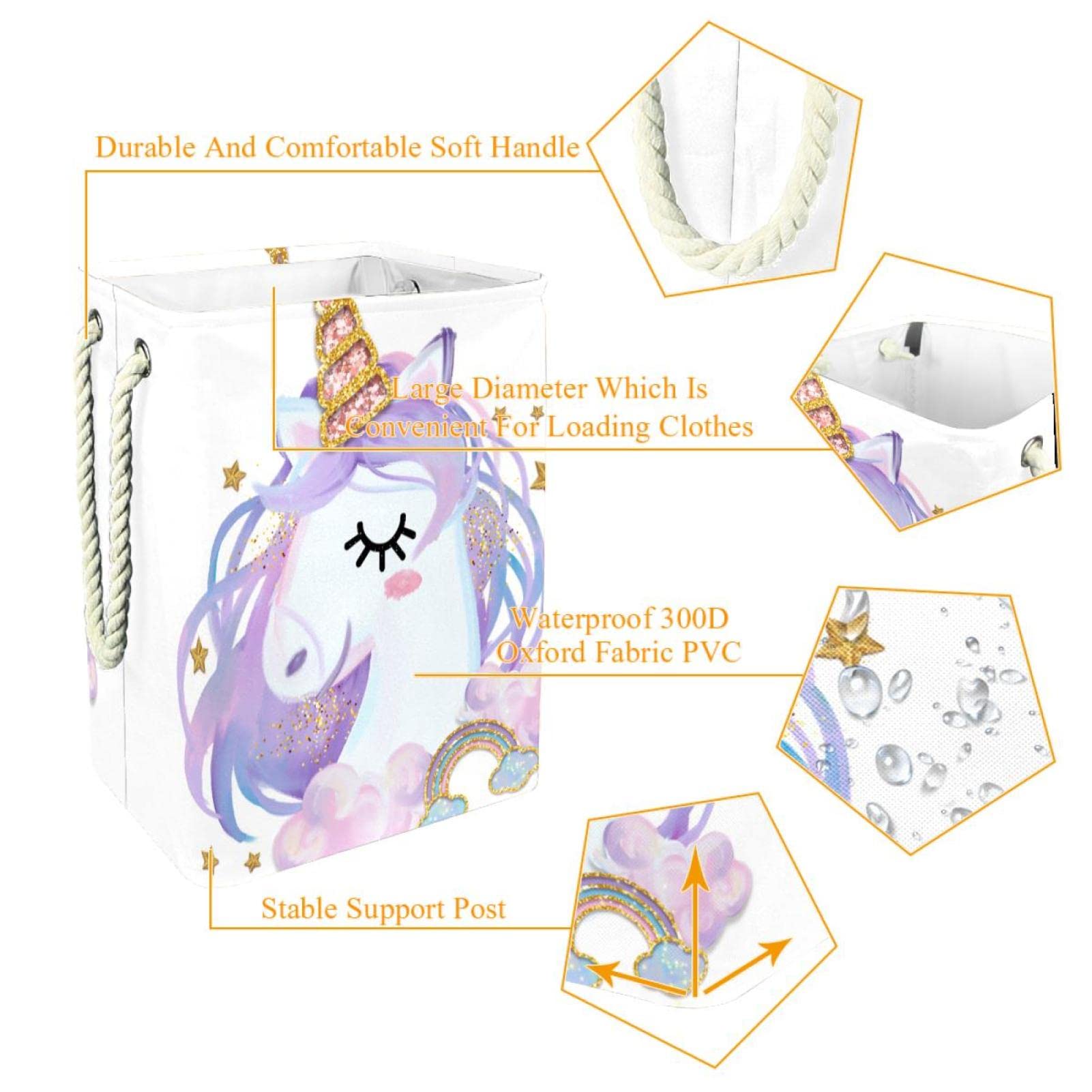 Laundry Hamper Unicorn Girl Toy Storage Collapsible Clothes Basket Folding Washing Bin With Handles 19.3x11.8x15.9 in
