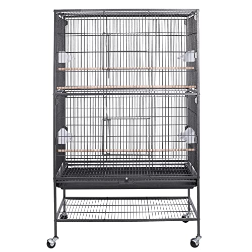 SUPER DEAL 52 Inch Rolling Bird Cage Large Wrought Iron Cage for Cockatiel Sun Conure Parakeet Finch Budgie Lovebird Canary Medium Pet House with Rolling Stand & Storage Shelf