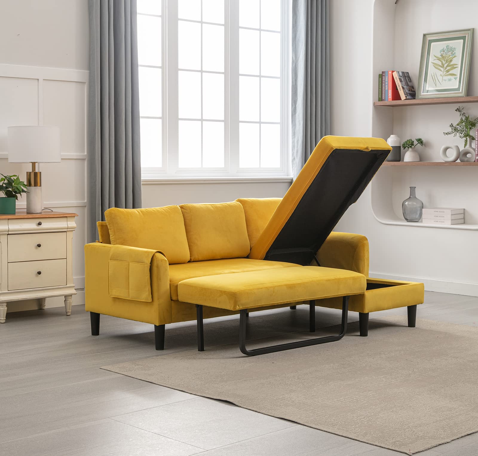 Modern Velvet Pull Out Sleeper Sofa Bed with Chaise, Comfy L Shaped Convertible Sleeper Couch with Storage and Pocket, Sectional 3 Seat Couch for Living Room Furniture or Office, Smooth Back - Yellow