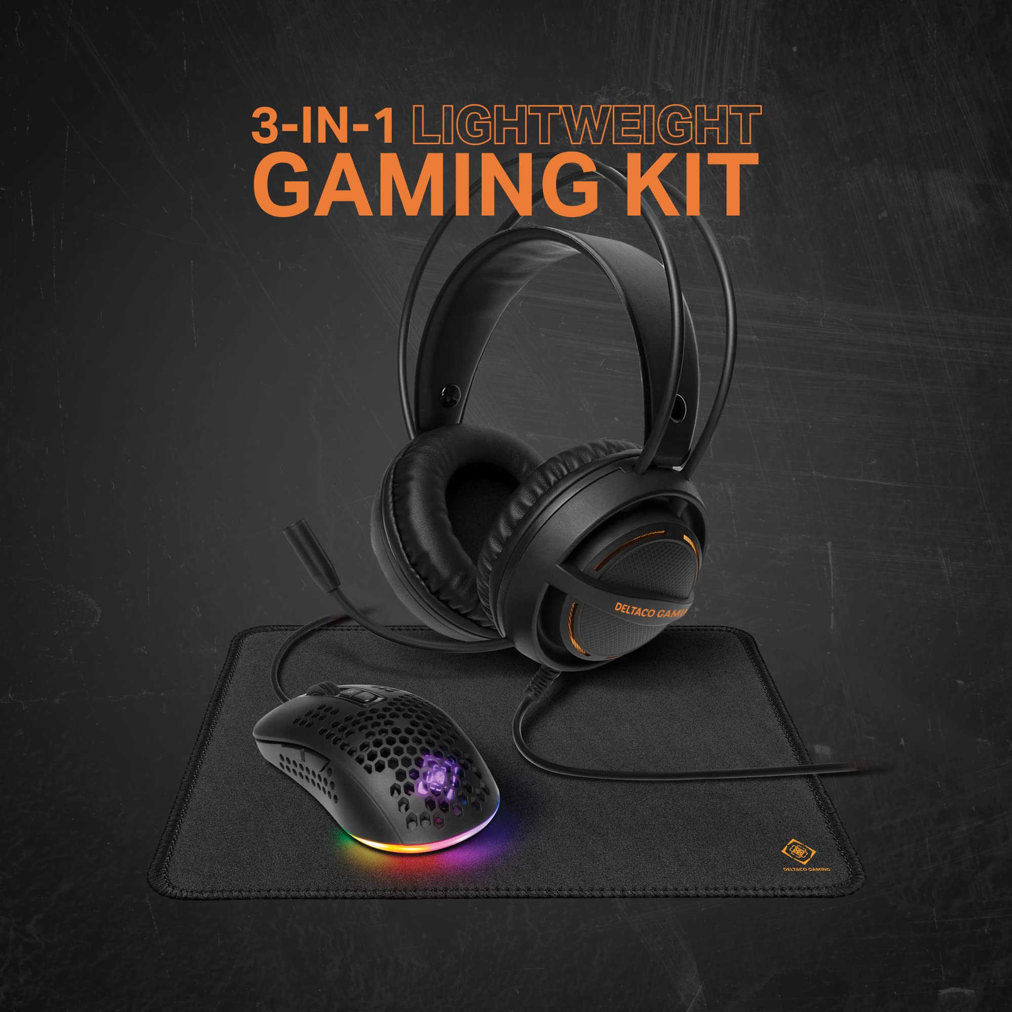 DELTACO Wired Gaming Mouse and Mouse Pad & Headset Combo | 3-in-1 PC Gaming Accessories Bundle | Starter Gaming Set Up Kit for Desktop PC and Laptop | Compatible Accessories for Windows and Mac