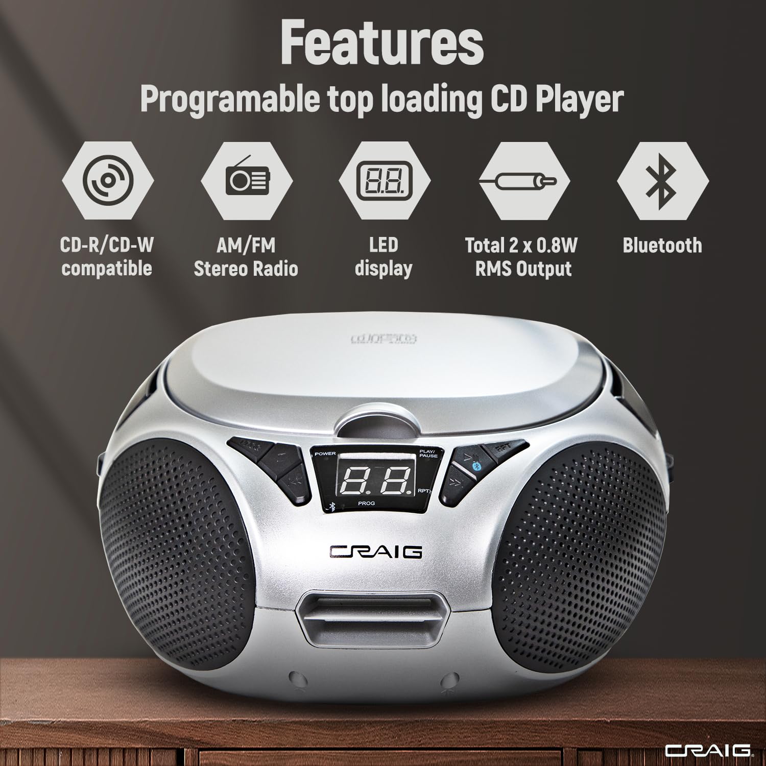 Craig CD6925 Portable Top-Loading Stereo CD Boombox with AM/FM Stereo Radio Bluetooth Wireless and AUX Port (Silver, Bluetooth)