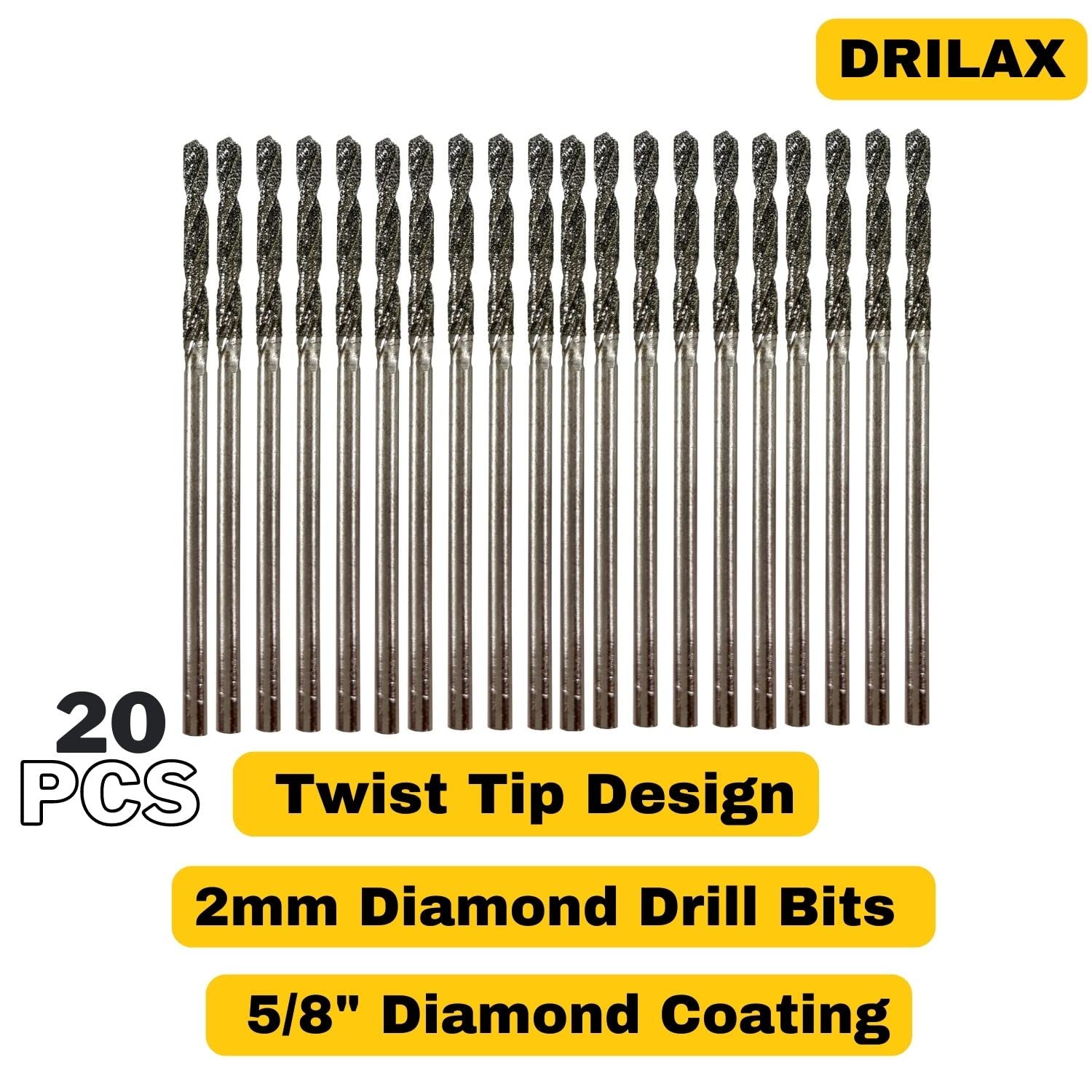 Diamond Drill Bit Set 2mm 20 Pieces Compatible with Dremel Collet Included Twist Tip Jewelry Beach Sea Glass Shells Gemstones Lapidary Ornament Bracelet Necklace Arts Crafts 5/64 inch