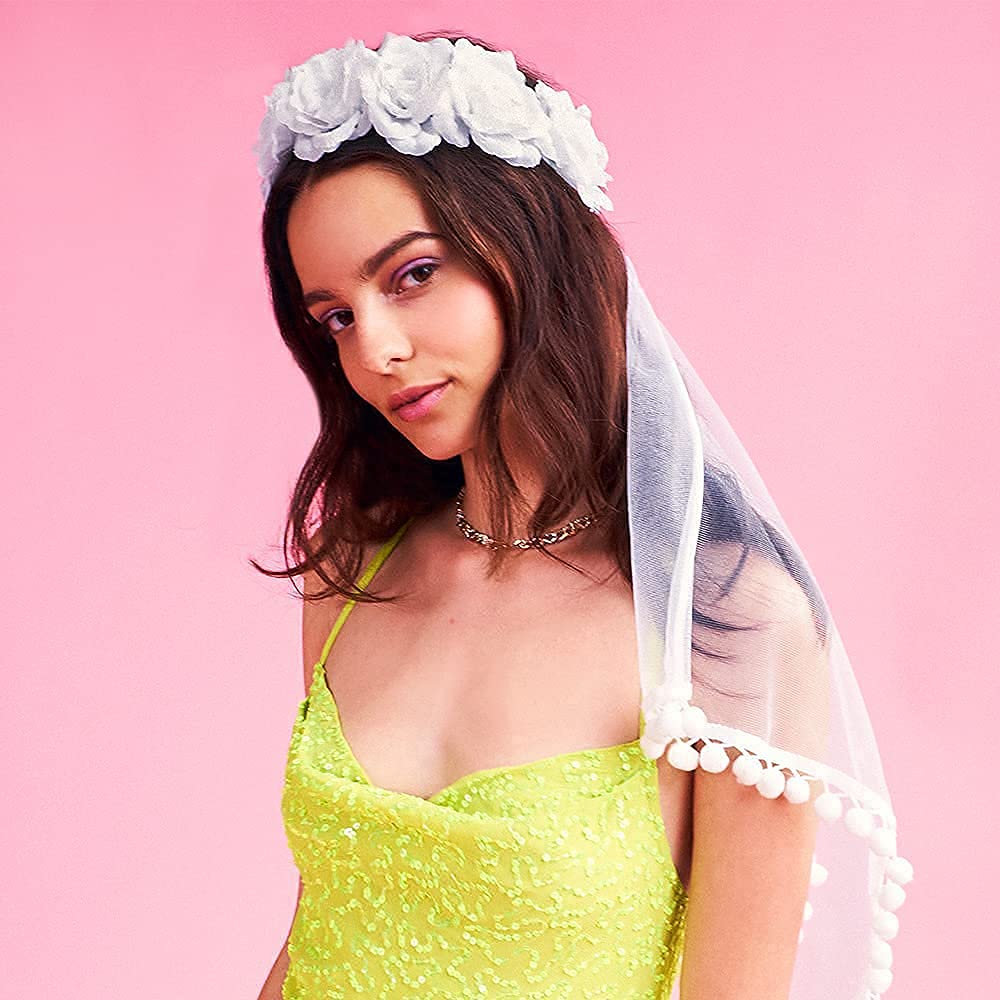 xo, Fetti Bachelorette Party Decorations Veil - White Flower Pom Pom Veil | Bridal Shower | Bride to Be Gift + Engagement Decorations