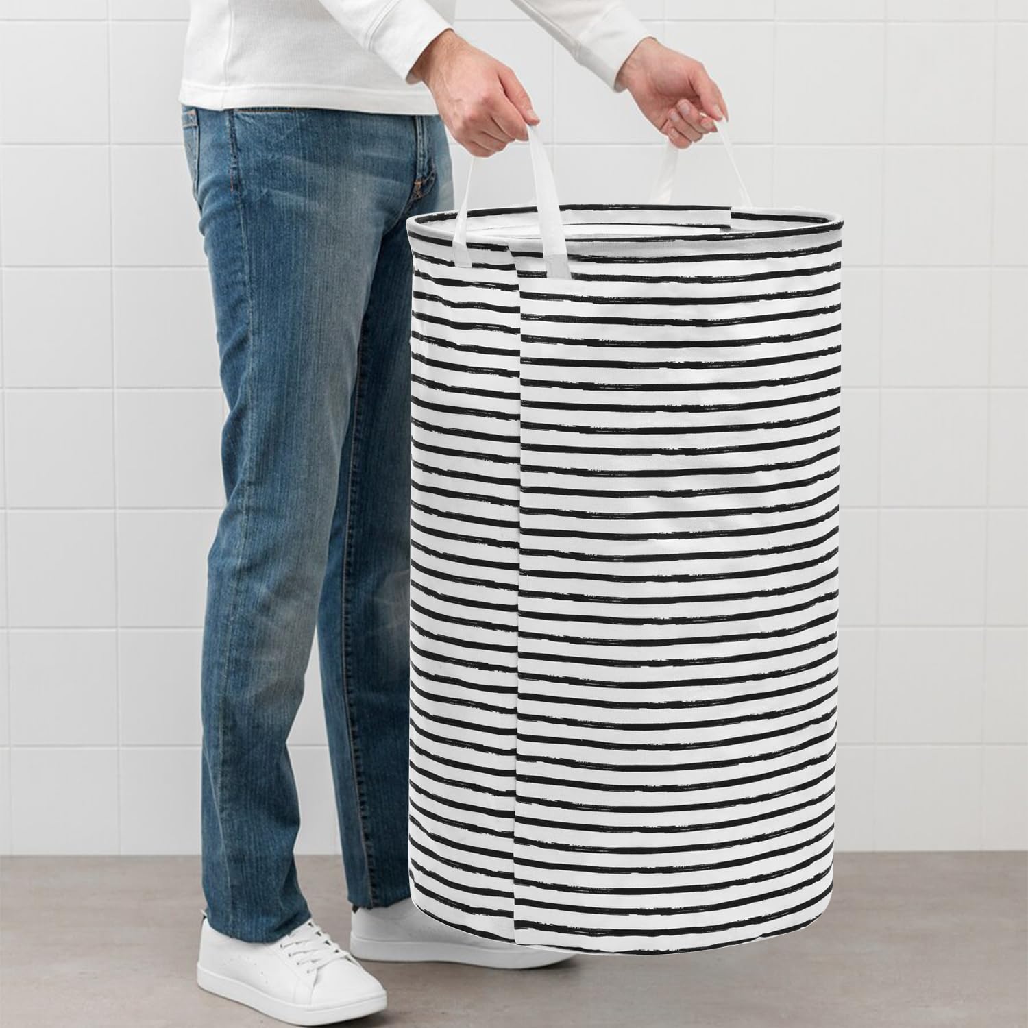 Haundry Thickened Tall Laundry Basket with Handle, Large Collapsible Round Laundry Hamper Bin Laundry Bag for Clothes Storage (Grey Stripe)
