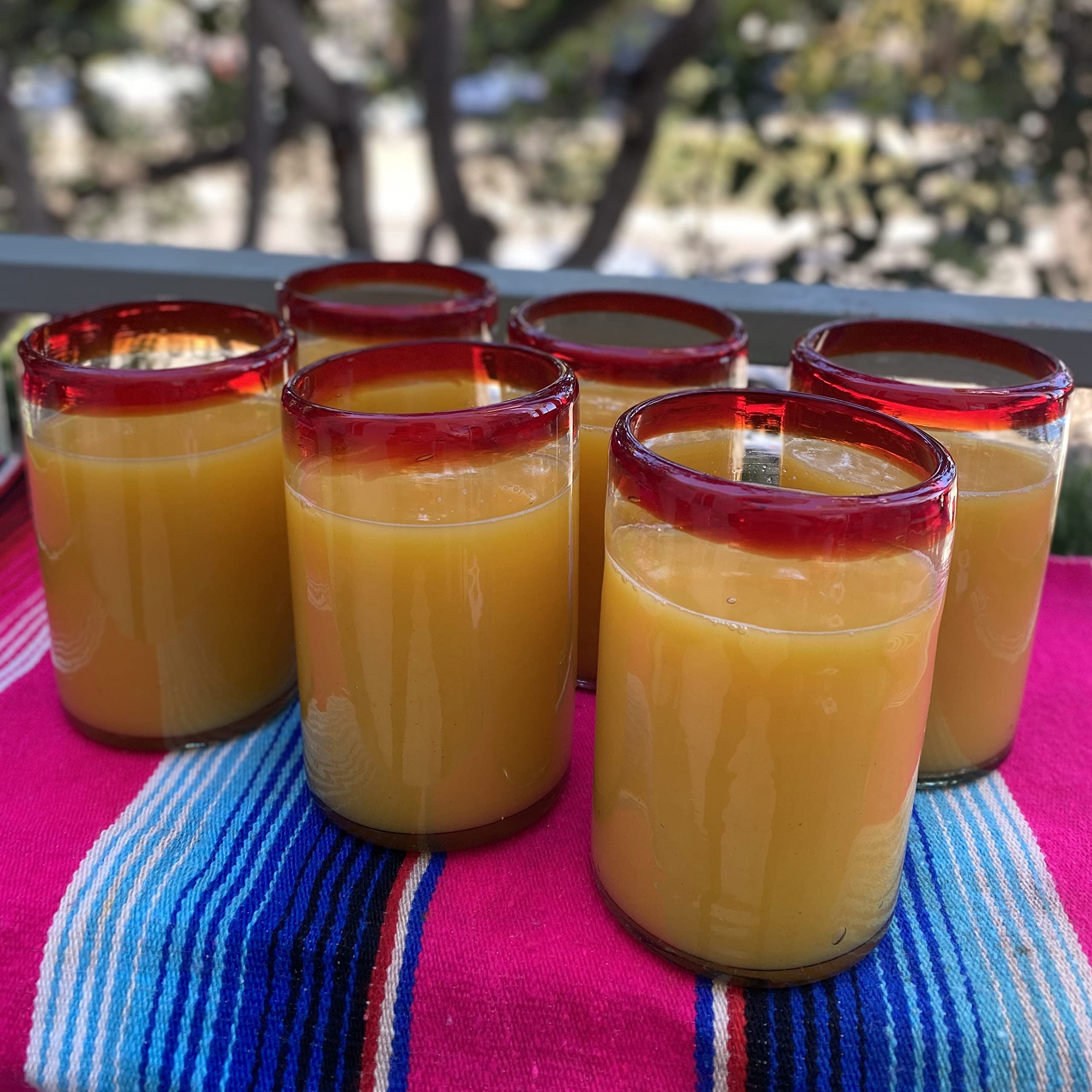 Dos Sueños Hand Blown Mexican Drinking Glasses - Set of 6 Glasses with Red Rims (14 oz each)