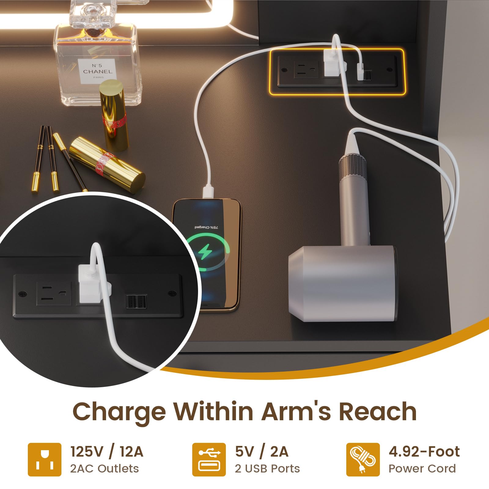 HAUOMS Makeup Vanity with Jewelry Cabinet & LED Lighted Mirror, Modern Vanity Desk with Charging Station, Double Mirror Vanity Table Set, White & Gold