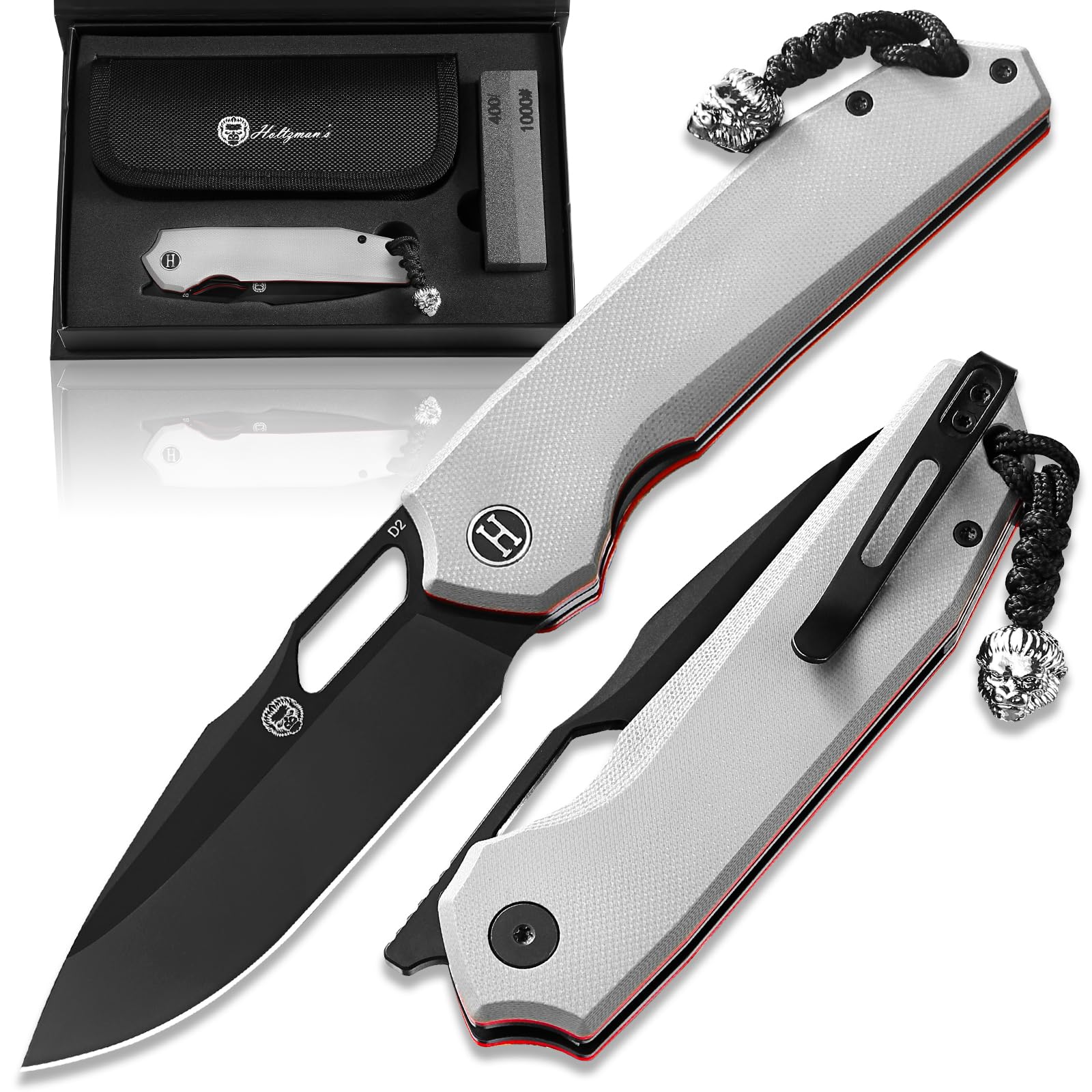 Holtzman's Gorilla Survival Mens Folding Pocket Knife Set D2 Steel Blade G10 Handle Pocket Knife EDC Gift set for Men (black blade+dark grey/ed liner G10 handle)