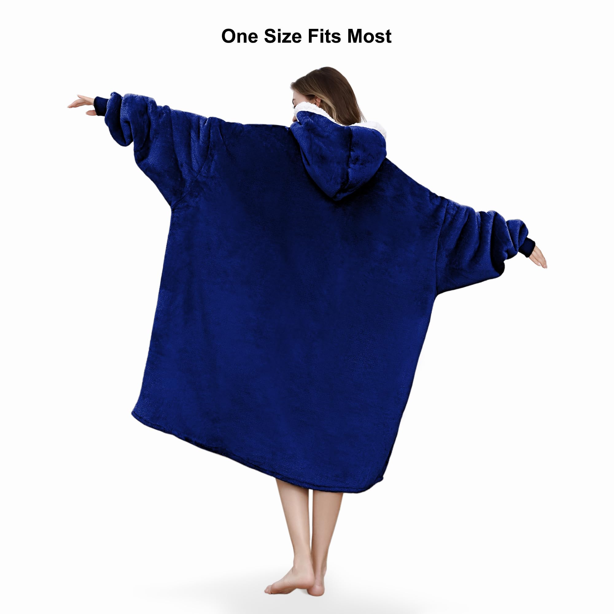 Convend Oversized Wearable Blanket Hoodie with Giant Pocket (Pet Favorites),Blanket Sweatshirt for Women and Men,Thick Flannel Blanket with Sleeves (Navy)