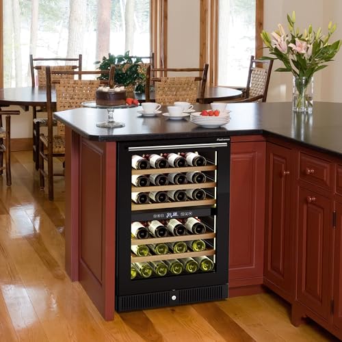 Frostronics 24 Inch Dual Zone Wine Refrigerator, 51 Bottles Under Counter Built-In or Freestanding Wine Cellar, Wine Cooler with Quiet Compressor Cooling and Reversible Glass Door, Fits Large Bottle
