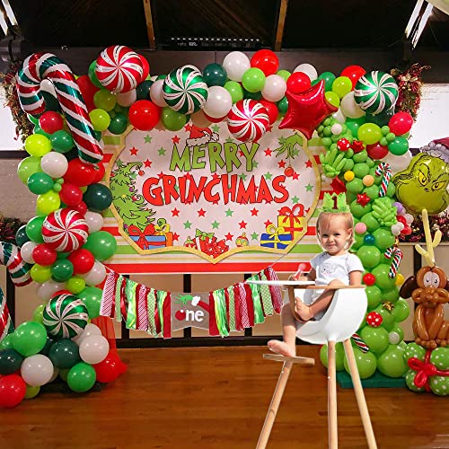 Christmas High Chair Banner, Christmas 1st Birthday Sign Banner, Candy Cane Red & Bright Green Highchair Garland,Christmas Crown Hat for Kids Christmas First Birthday, Photo Booth Props And Cake Smash