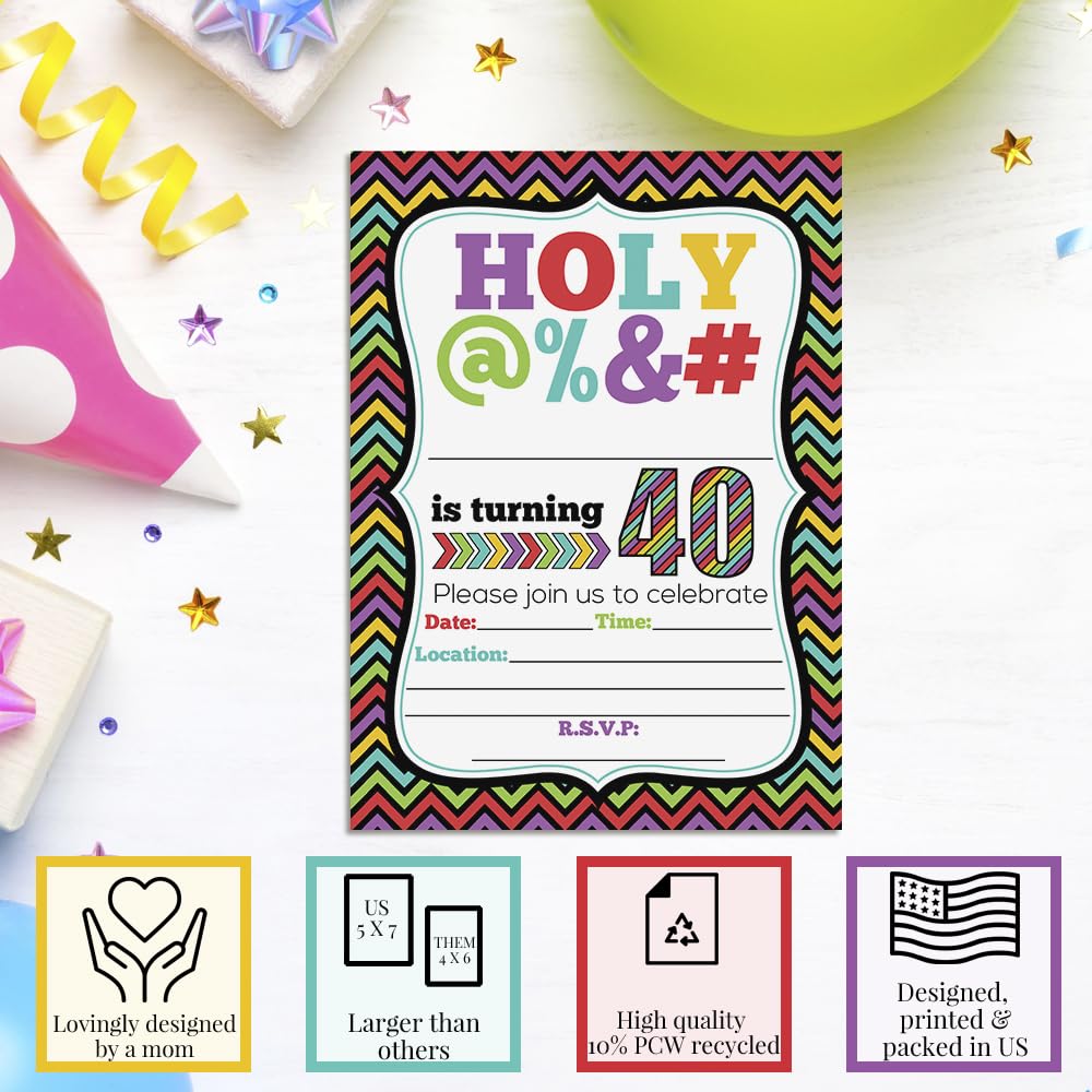 HOLY @% 40th Birthday Party Invitations, 20 Funny 5x7 Fill In Cards with Twenty White Envelopes for Milestone Birthdays by AmandaCreation