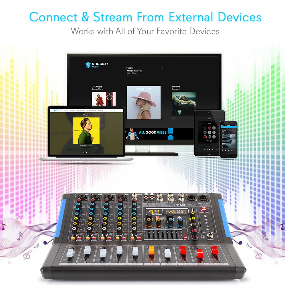 Pyle 6-Channel Bluetooth Studio Audio Mixer - DJ Sound Controller Interface with USB Drive for PC Recording Input, XLR Microphone Jack, 48V Power, I/O for Professional and Beginners - PMXU67BT