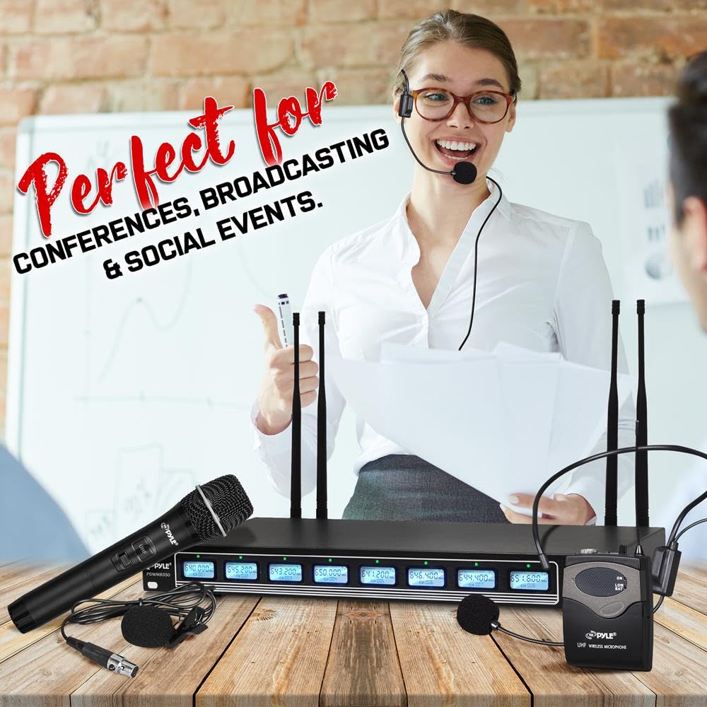 Pyle 8 Ch UHF Wireless Microphone System & Rack Mountable Base 4 Handheld MICS 4 Headsets, 4 Belt Packs, 4 Lavelier/Lapel MIC with Independent Volume Controls AF & RF Signal Indicators (PDWM8350)