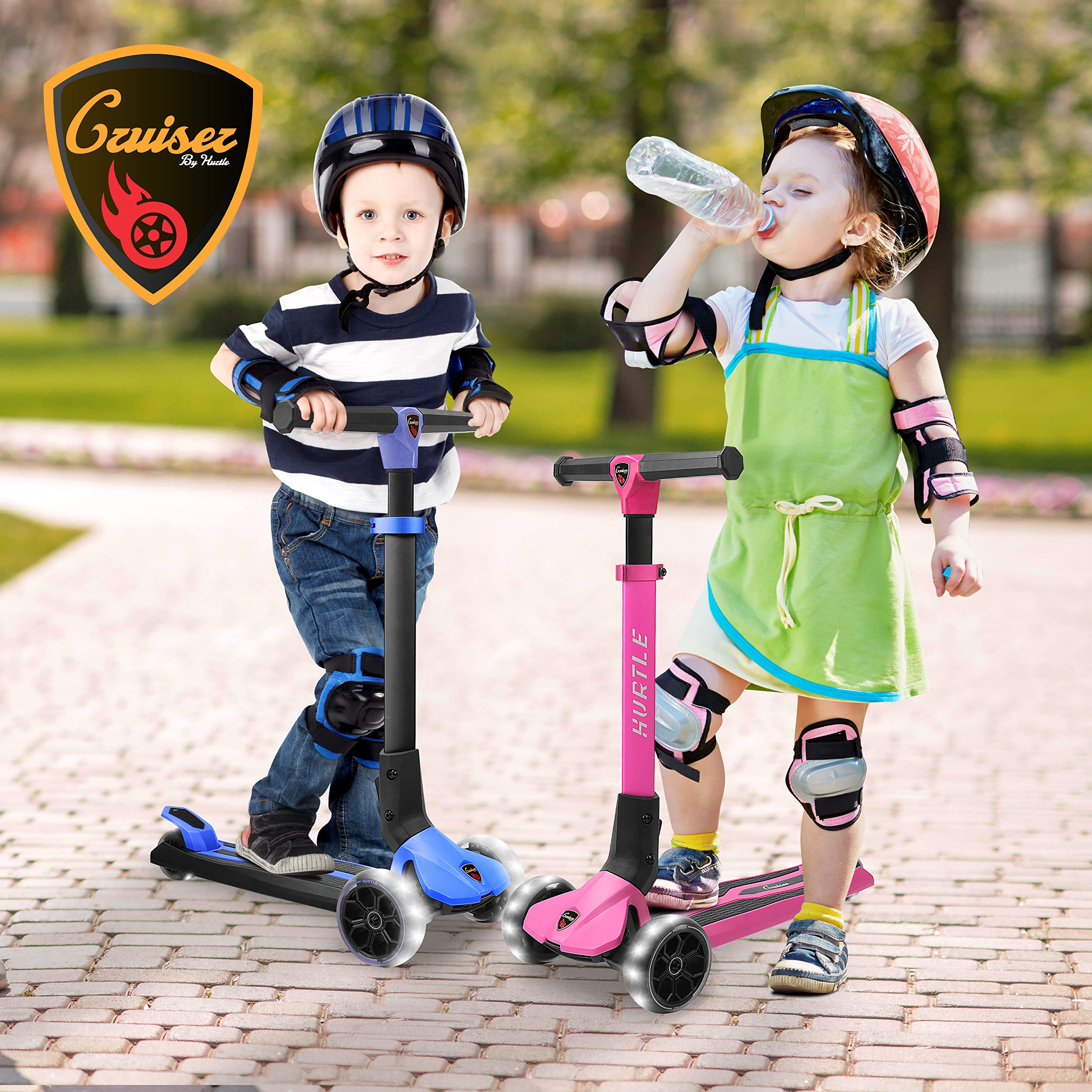 Hurtle 3 Wheeled Scooter for Kids - Foldable Stand Child Toddlers Toy Kick Scooters w/Built-in LED Wheel Lights, Anti-Slip Wide Deck, Adjustable Height, Great for Outdoor Fun -, Pink