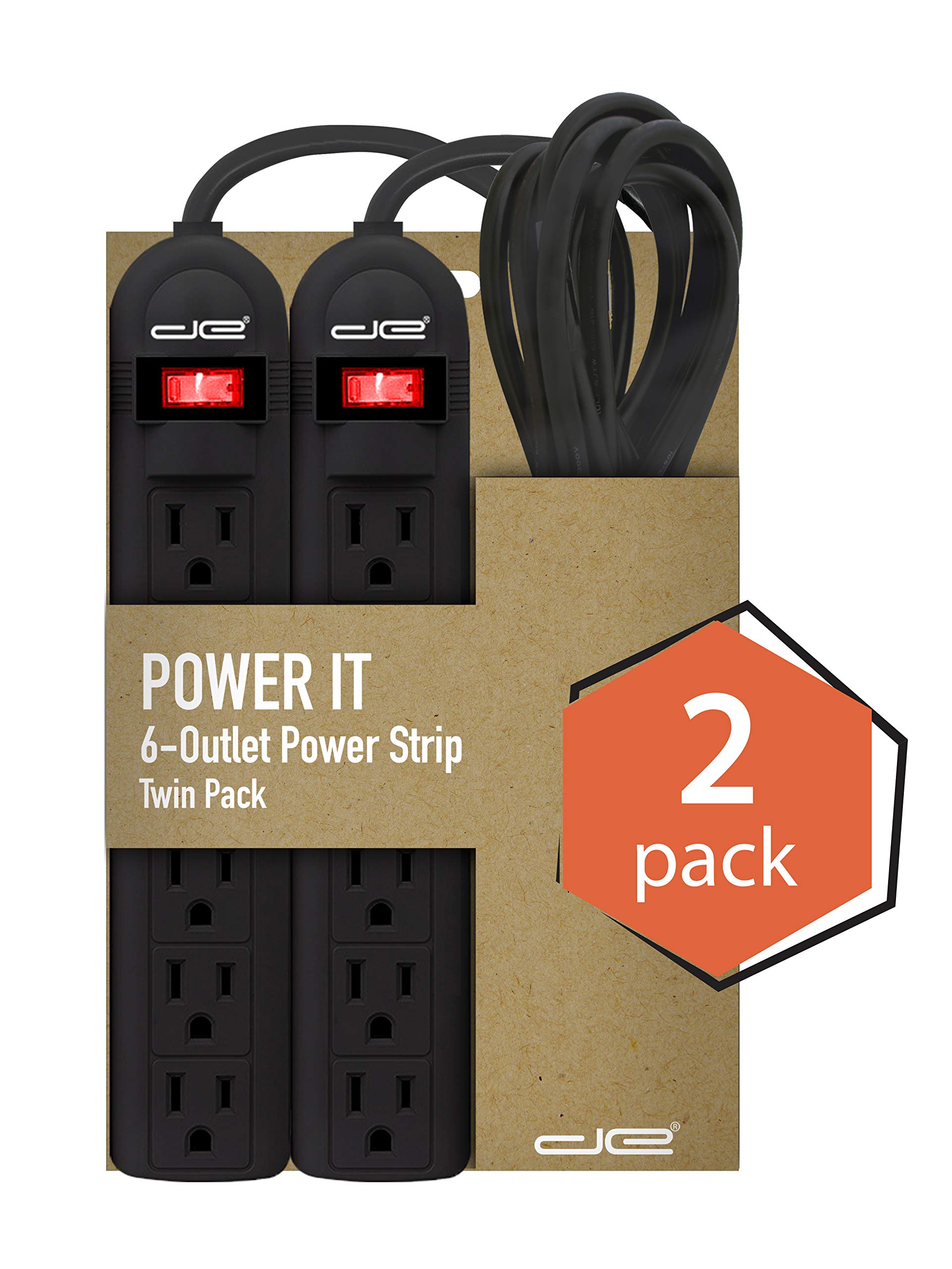 Digital Energy 2-Pack 6 Outlet Power Strip 450J Surge Protector with 3 Foot Extension Cord (Black)