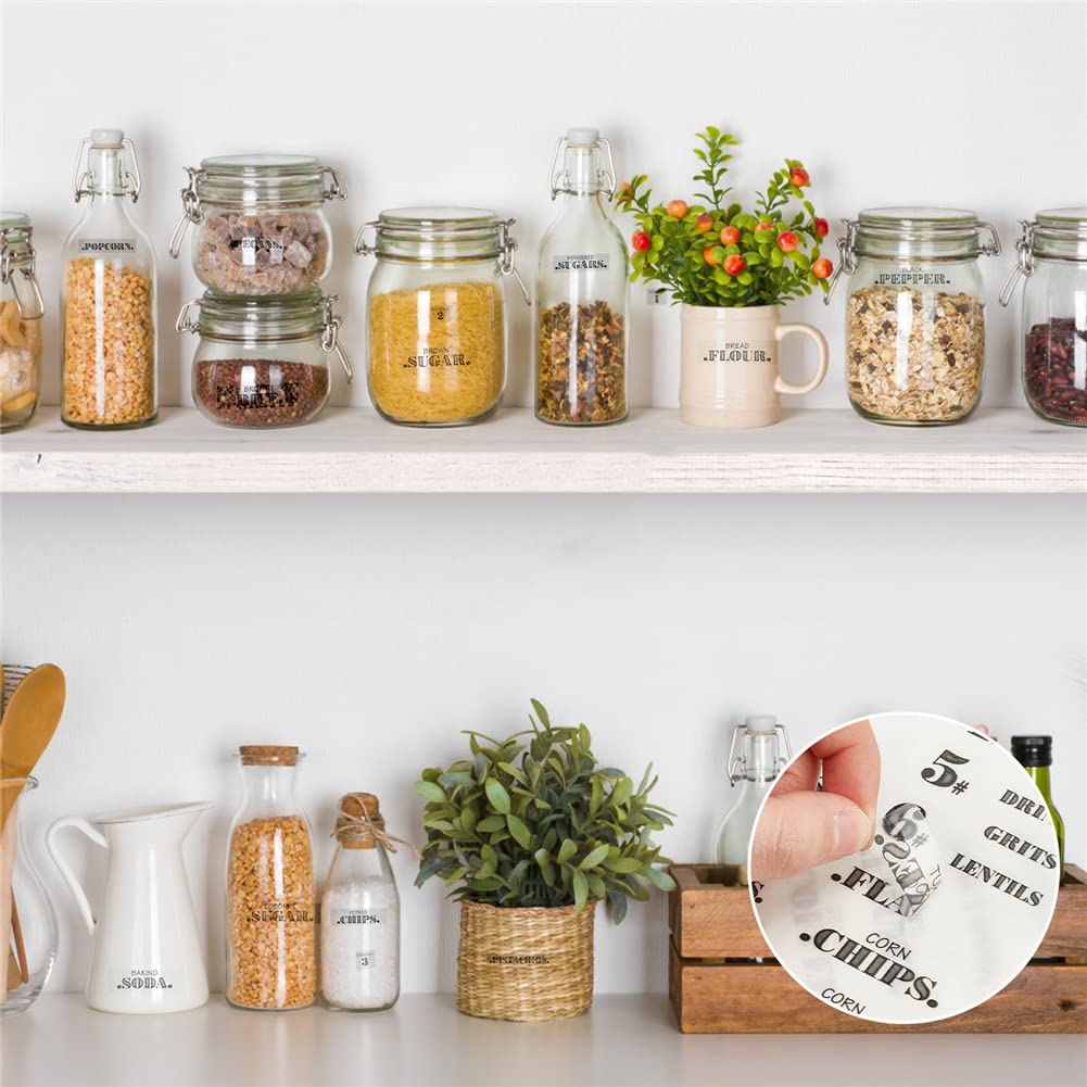 CRASPIRE Kitchen Pantry Labels 12 Sheets Preprinted Clear Kitchen Food Labels Water Resistant Organize Labels for Containers Jars Canisters Storage Bins